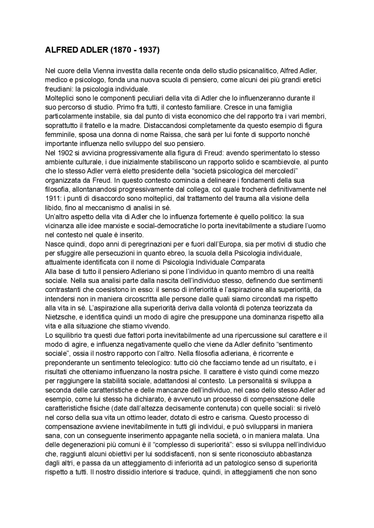 Alfred Adler Riassunto Dispense Di Filosofia Docsity