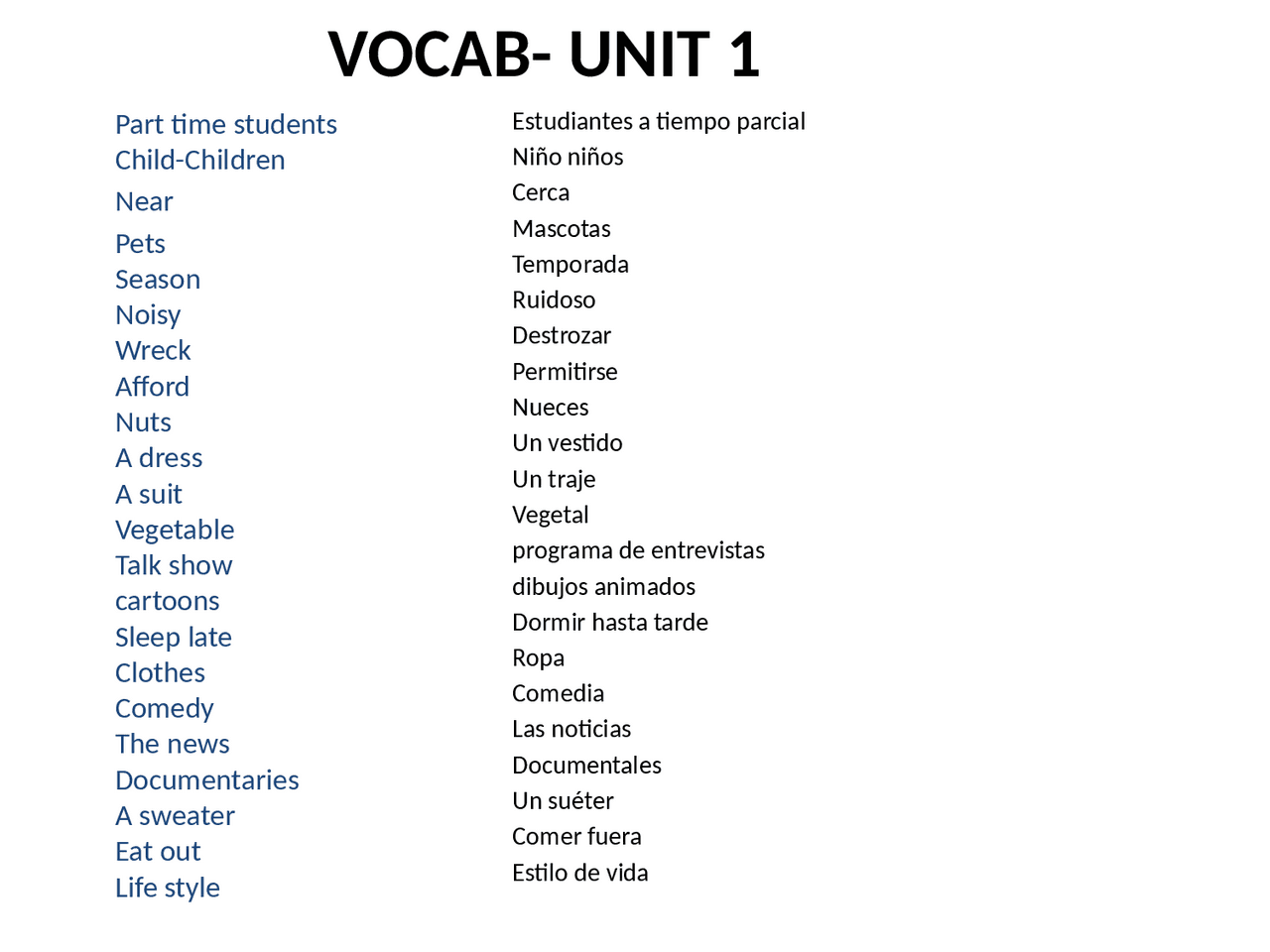 VOCABULARIO UNIDAD 1 | Diapositivas de Inglés | Docsity