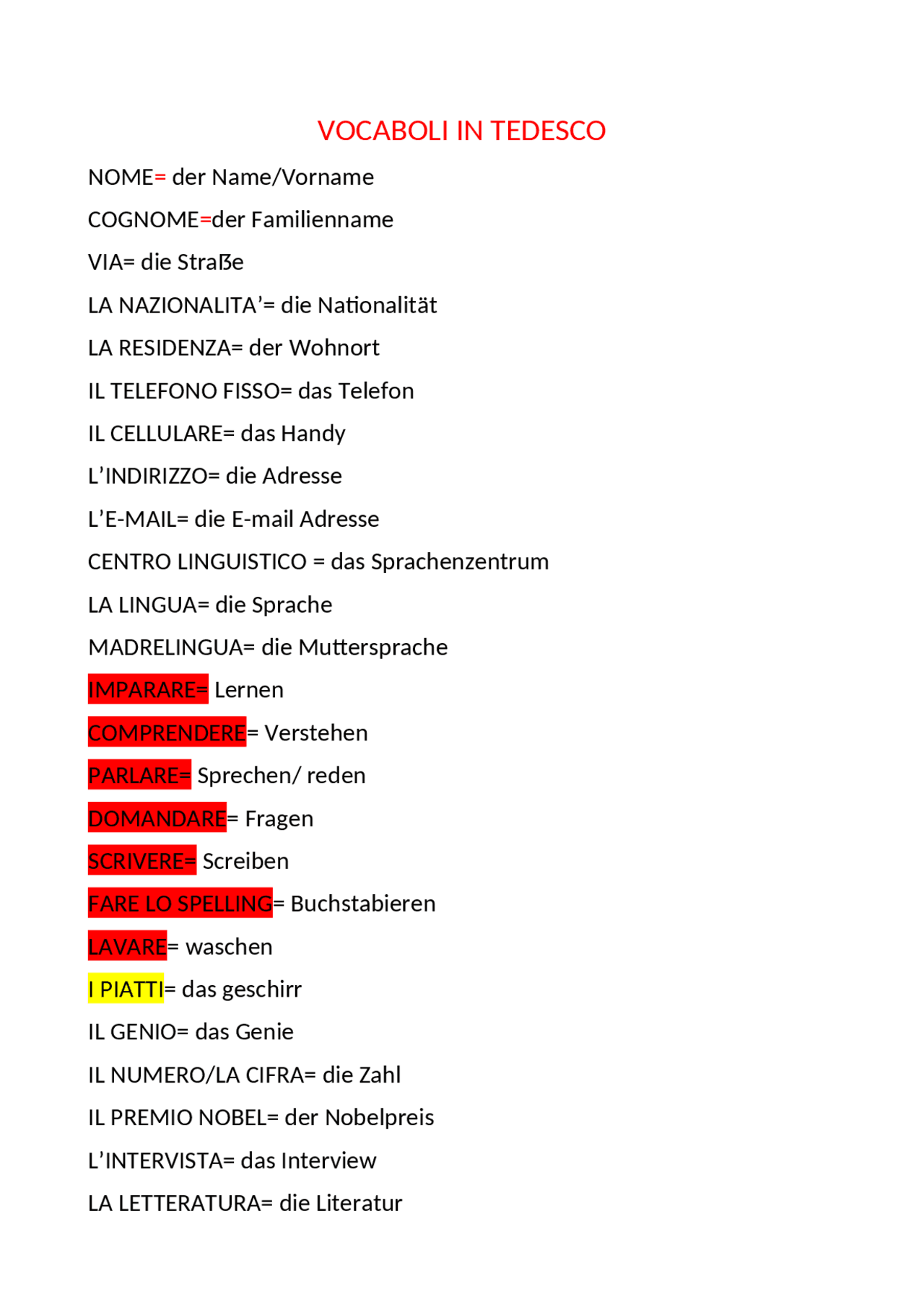 Vocaboli in tedesco | Appunti di Lingua Tedesca | Docsity