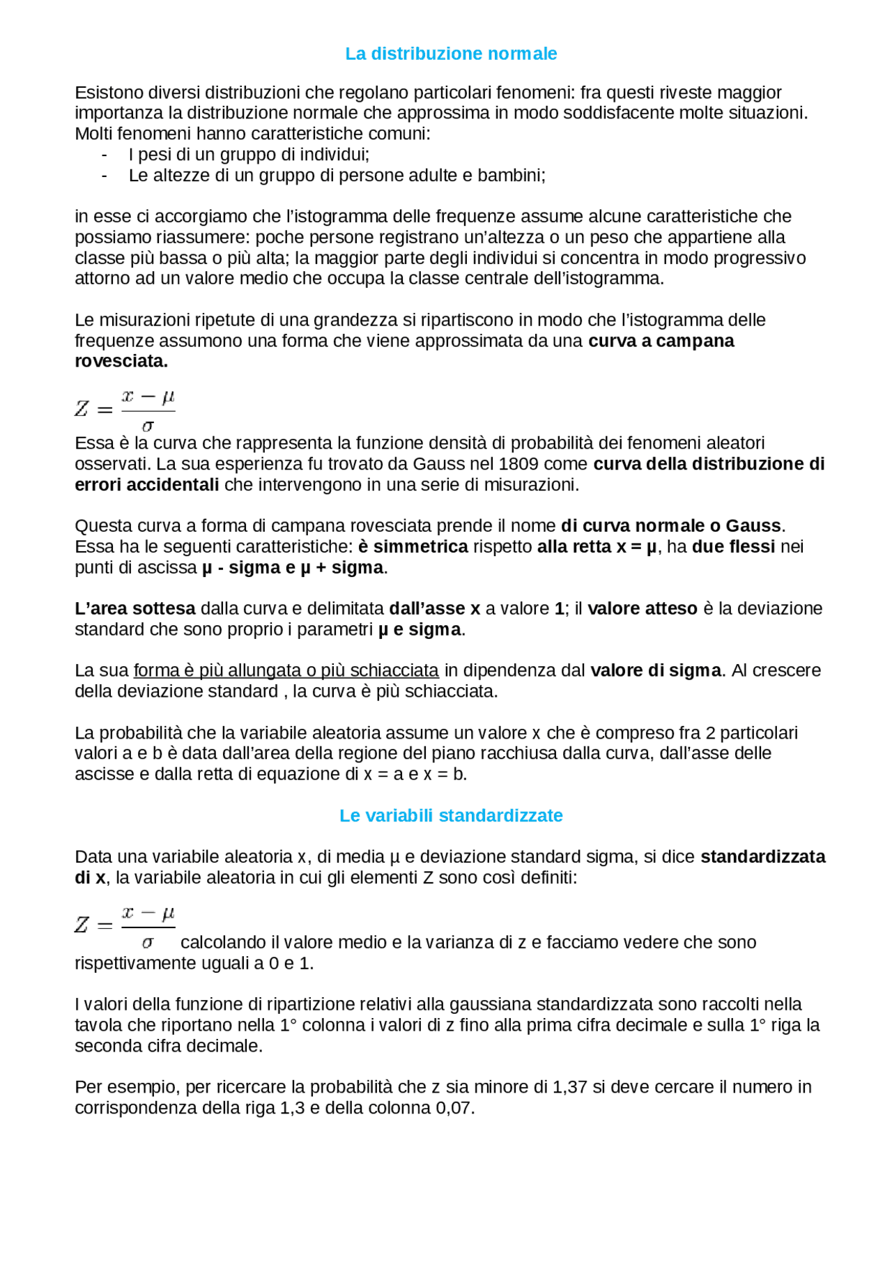 La Distribuzione Normale E Le Variabili Standardizzate Appunti Di