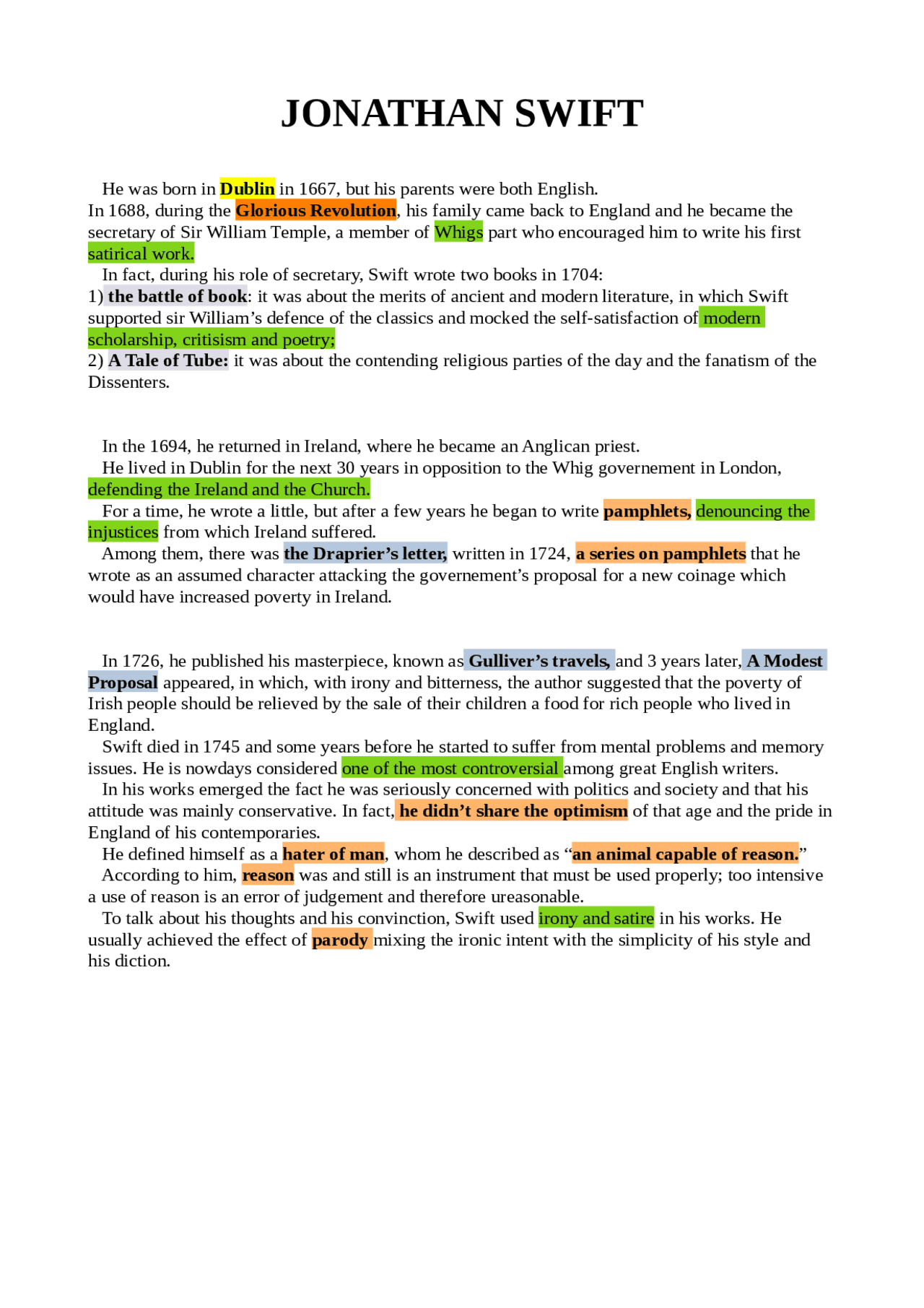 Jonathan Swift The Gullivers Travels Schemi E Mappe Concettuali Di