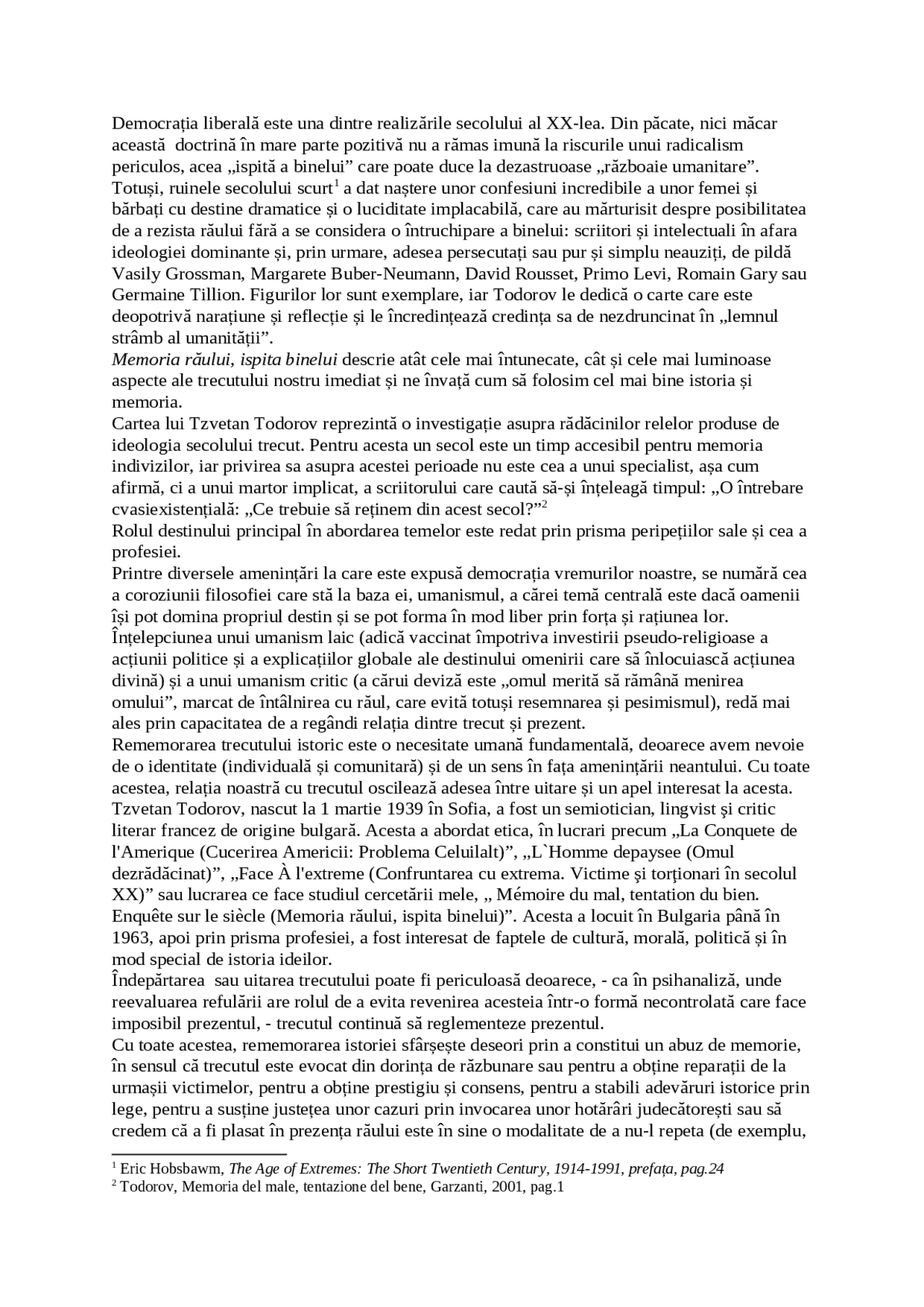 T Todorov Memoria Răului Ispita Binelui Essays University