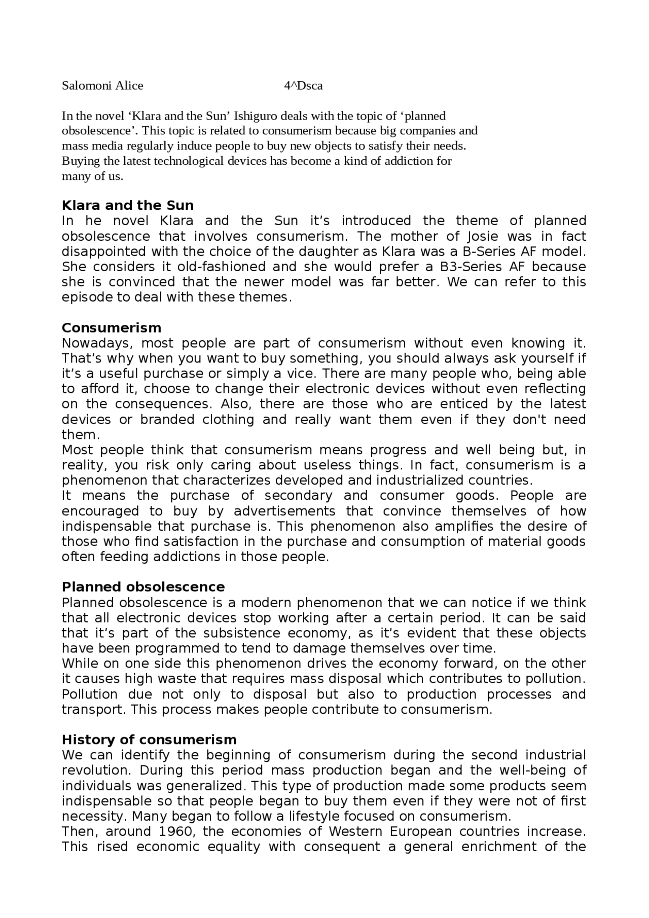 Klara and the Sun approfondimento | Esercizi di Inglese | Docsity