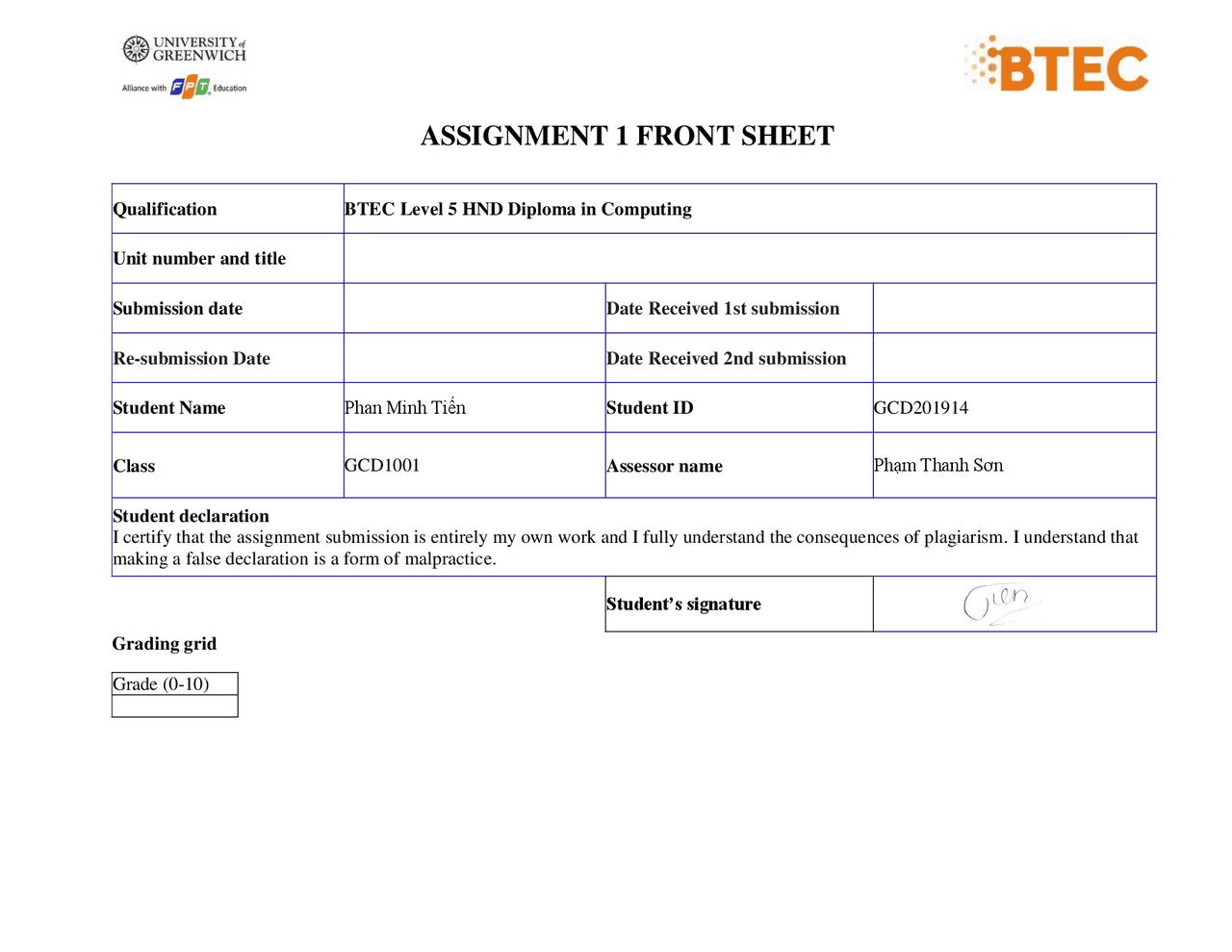 BTEC Level 5 HND Diploma in Computing Assignment: Developing a Student Information System ...