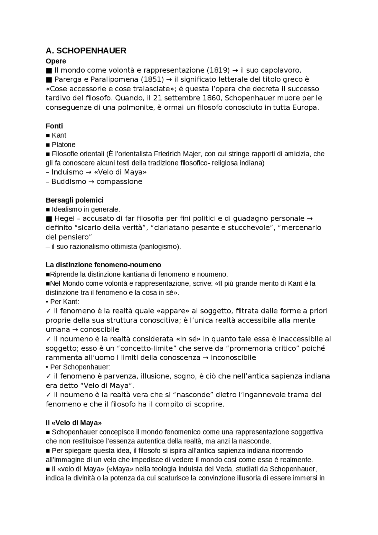 Schopenhauer -filosofia | Appunti di Filosofia | Docsity