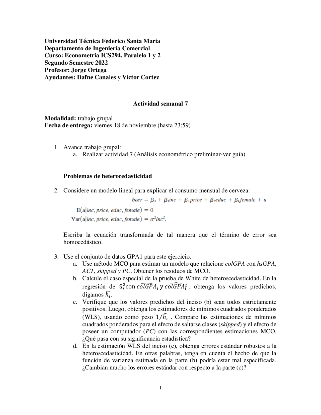 Actividad econometria | Ejercicios de Economía | Docsity