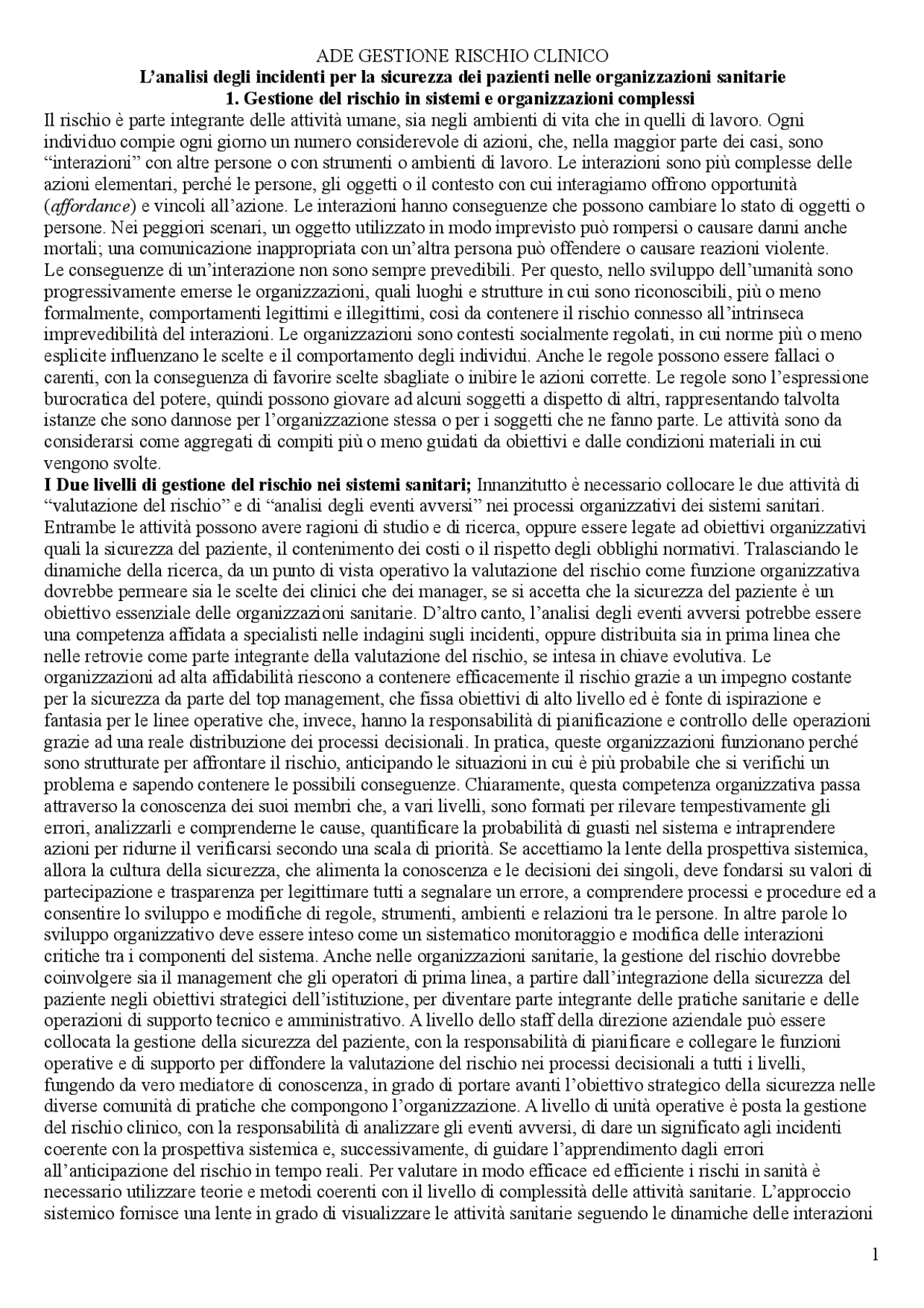 Ade Gestione Rischio Clinico Appunti Di Controllo Di Gestione Docsity