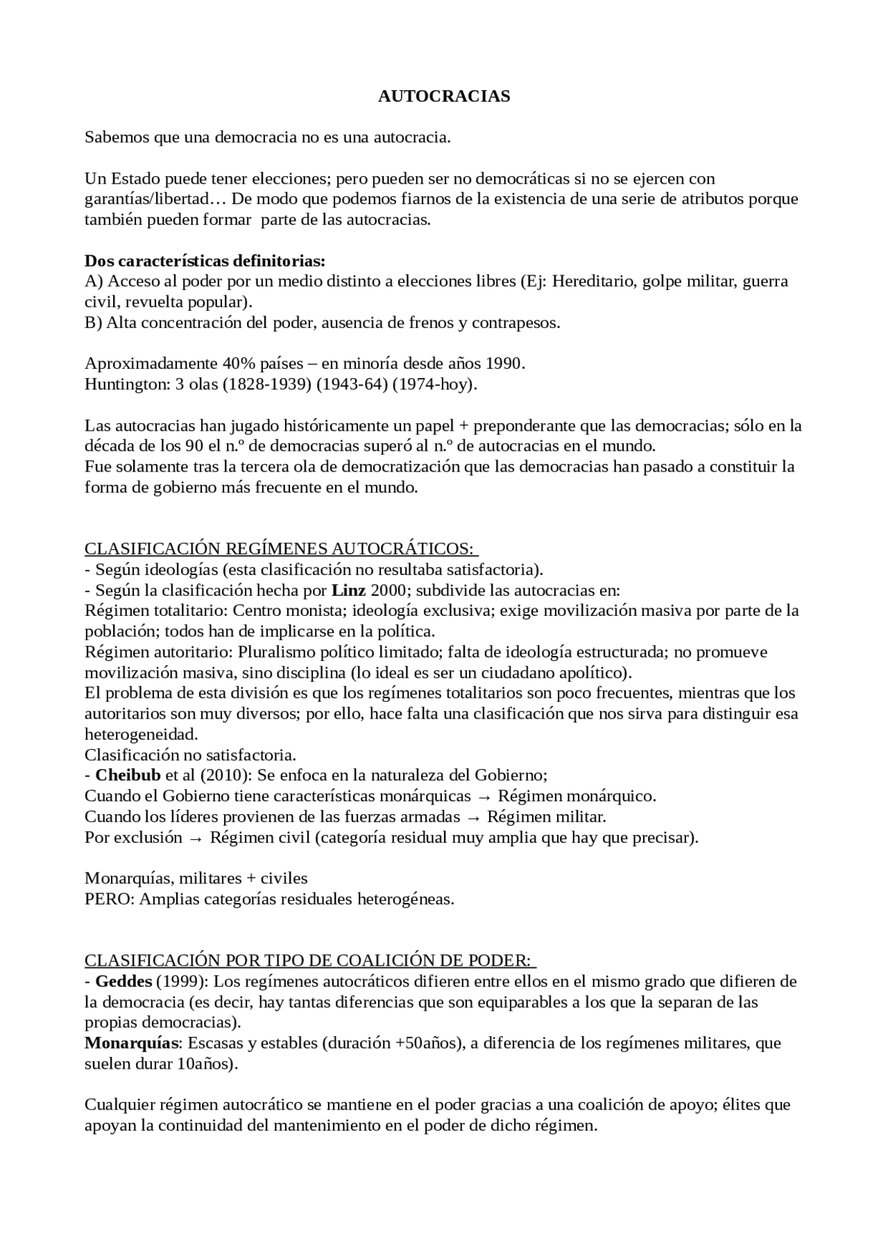 AUTOCRACIA (RESUMEN). | Apuntes de Teorías de la Democracia | Docsity