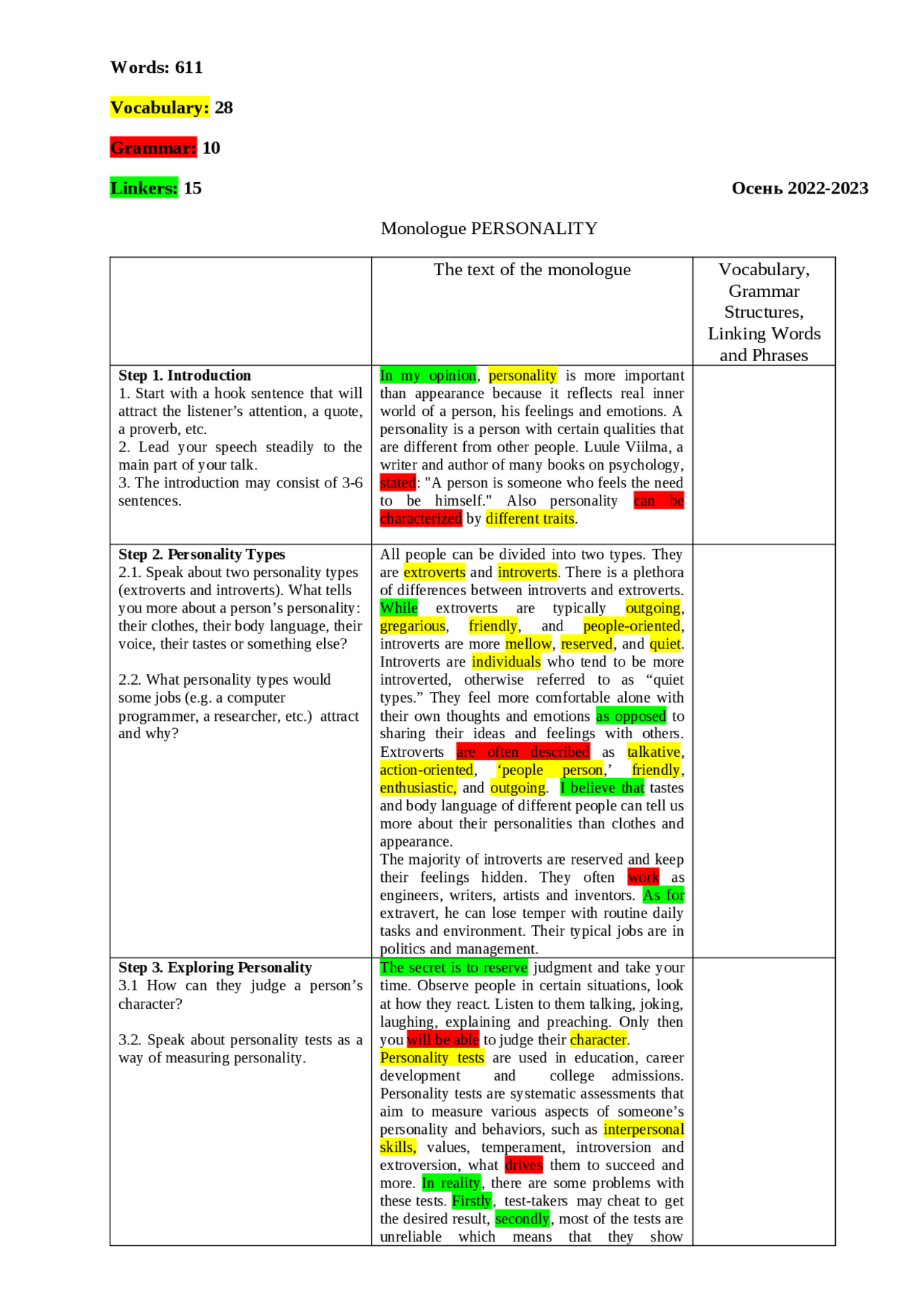 Монолог на тему Personality Упражнения и задачи Английский язык Docsity