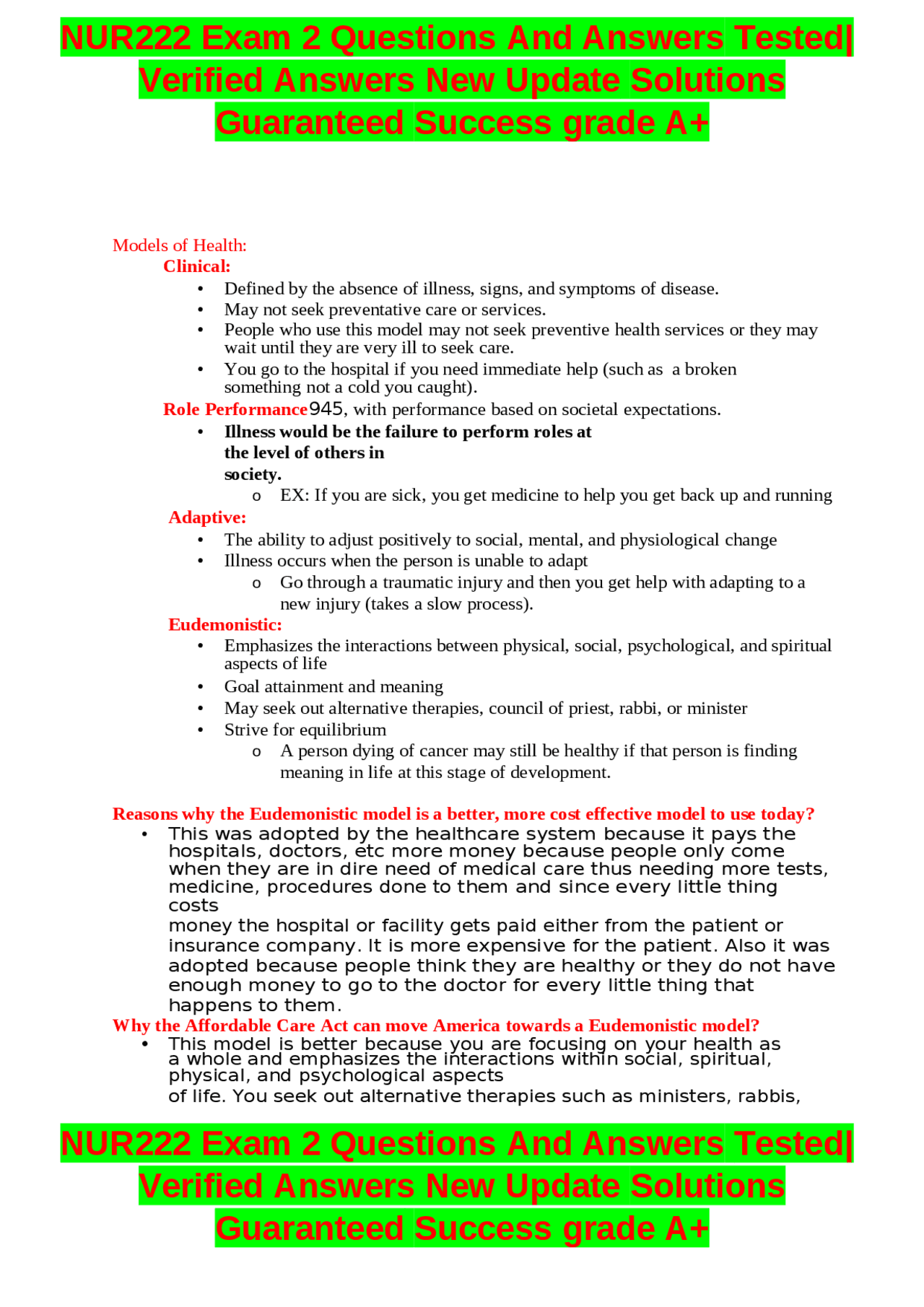 Nur222 Exam 2 Questions And Answers Testedverified Answers New Update
