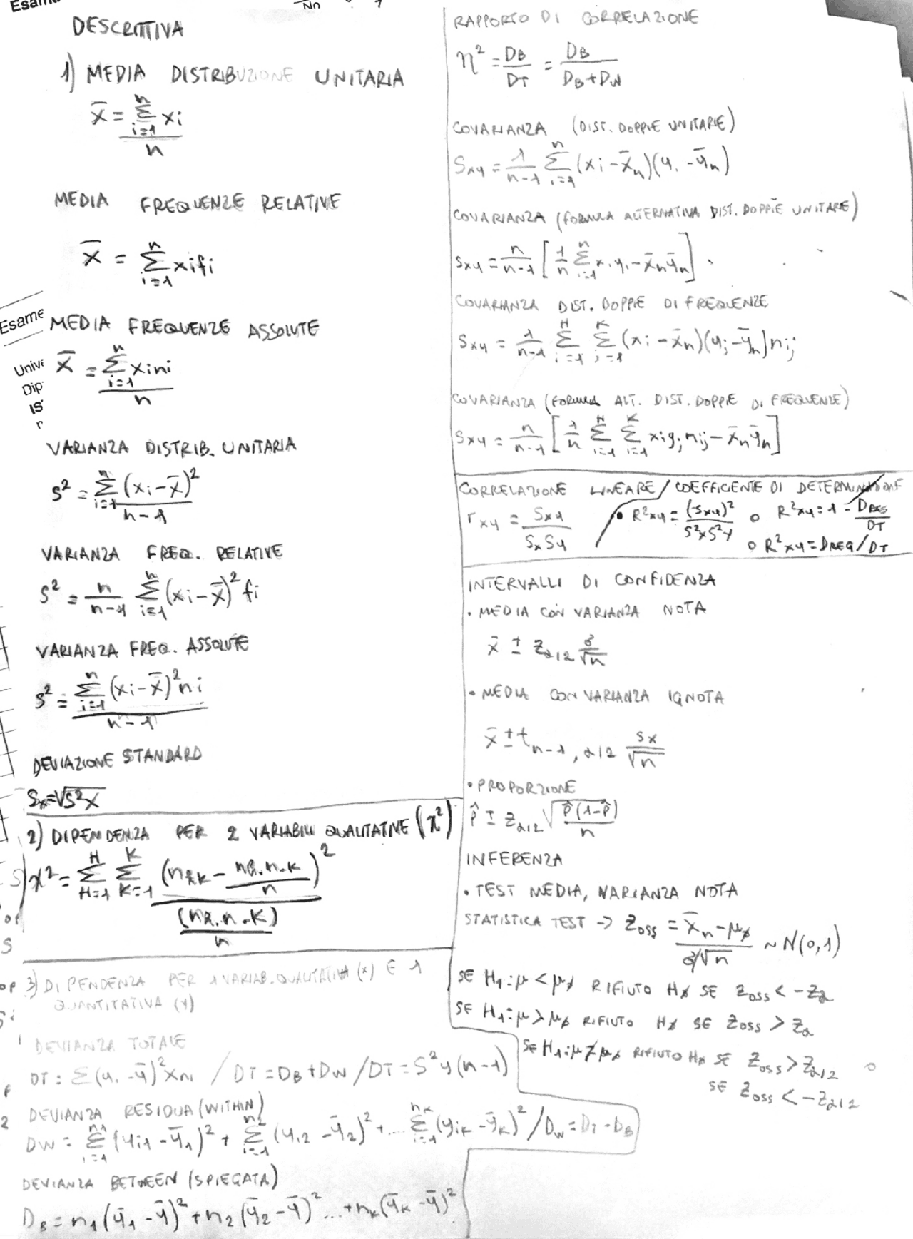 Formule Statistica Parte 1 Formulari Di Statistica Docsity