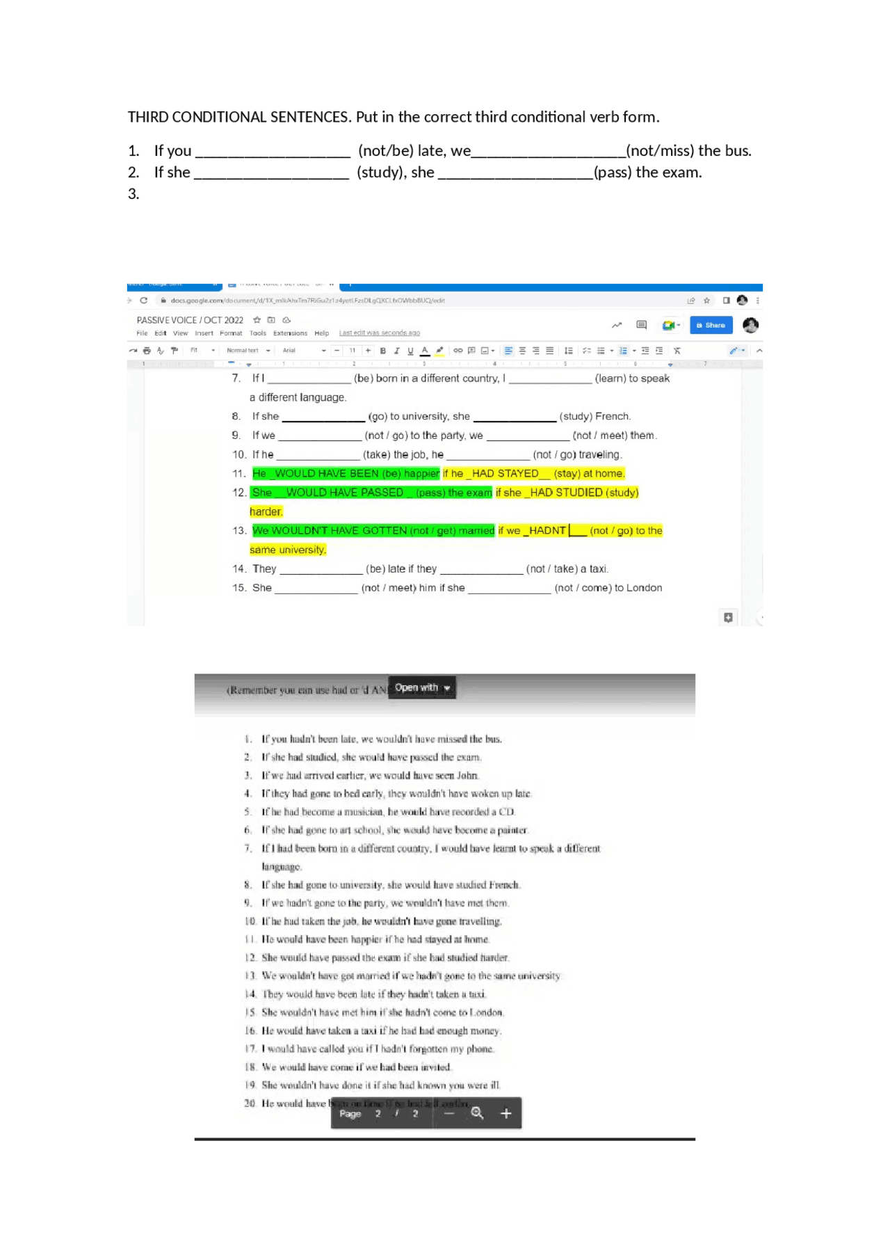 Third condicional sentences | Ejercicios de Idioma Inglés | Docsity