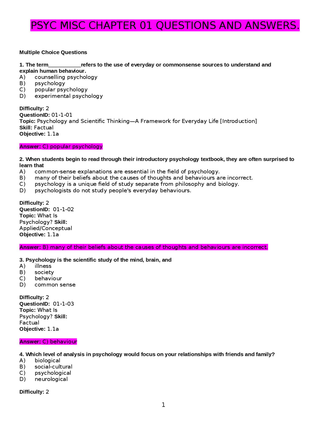 Psyc Misc Chapter 01 Questions And Answers Exams Psychology Docsity
