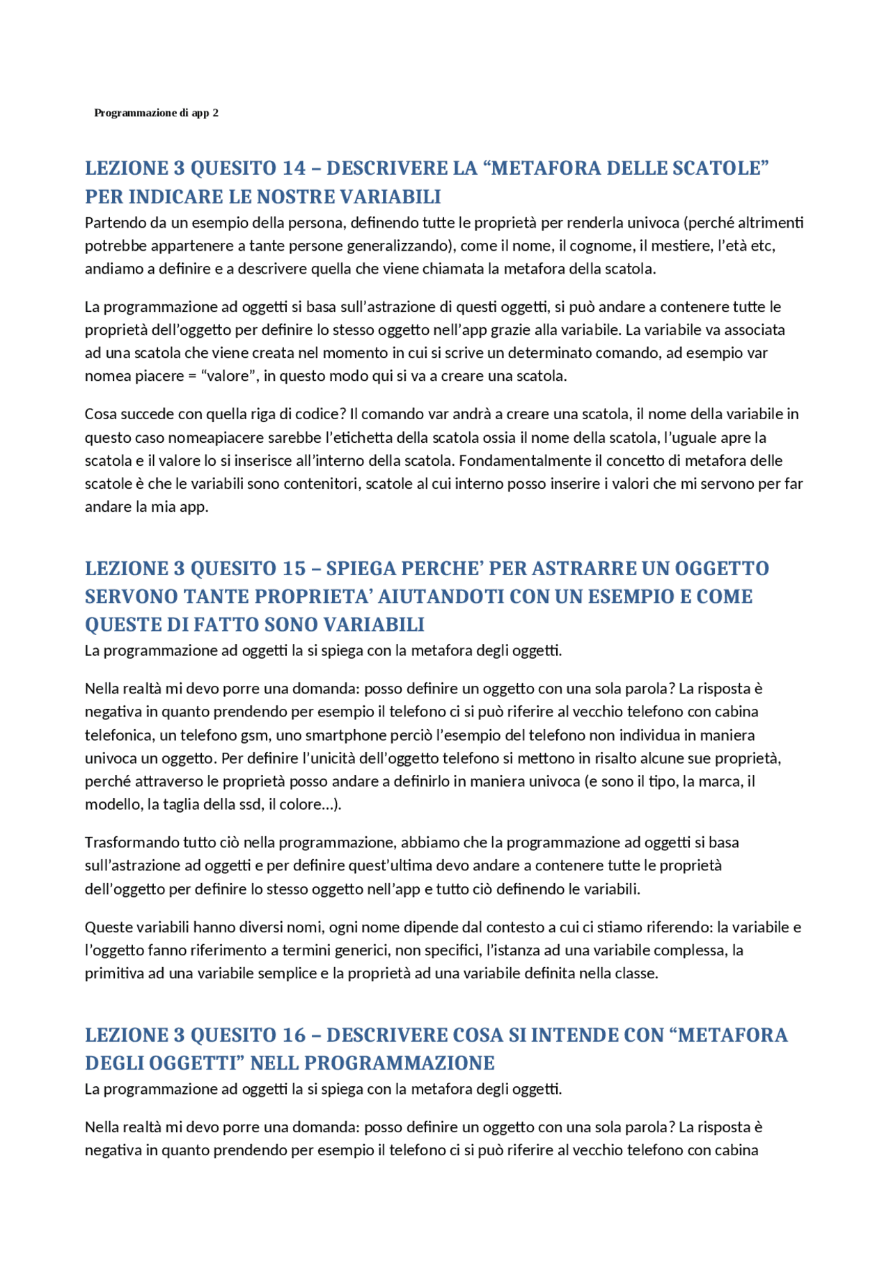 Domande aperte programmazione di app 2 Università Ecampus | Panieri di Programmazione e ...