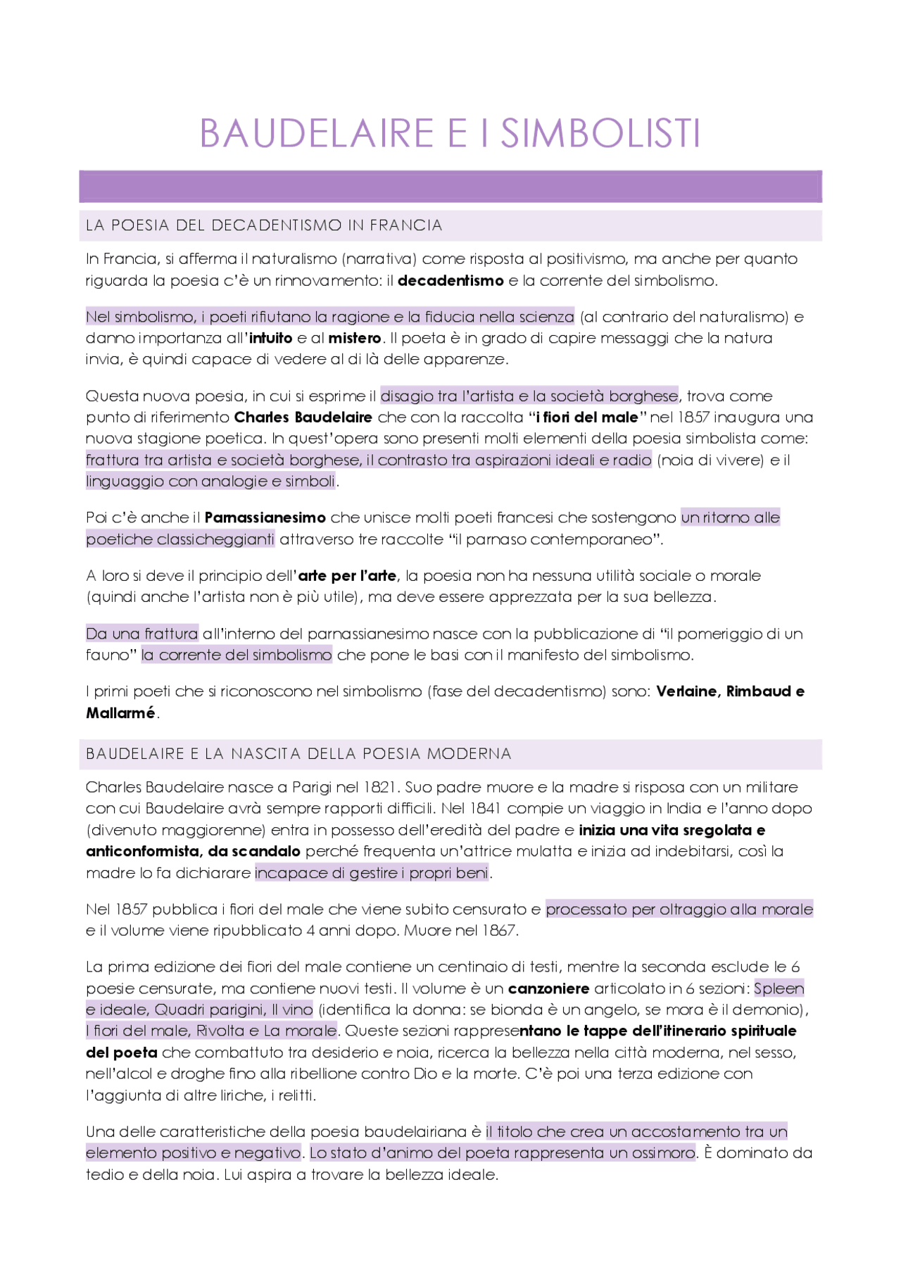 Vita e opere di Baudelaire | Schemi e mappe concettuali di Italiano ...