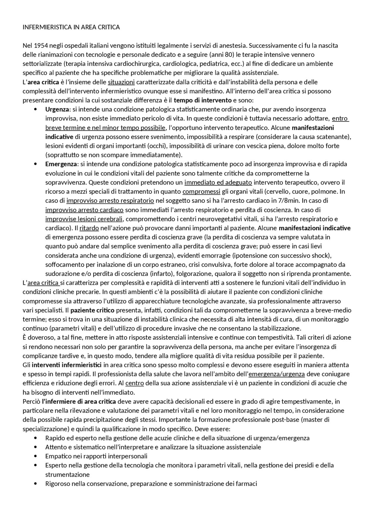 Infermieristica In Area Critica Sbobinature Di Infermieristica Docsity