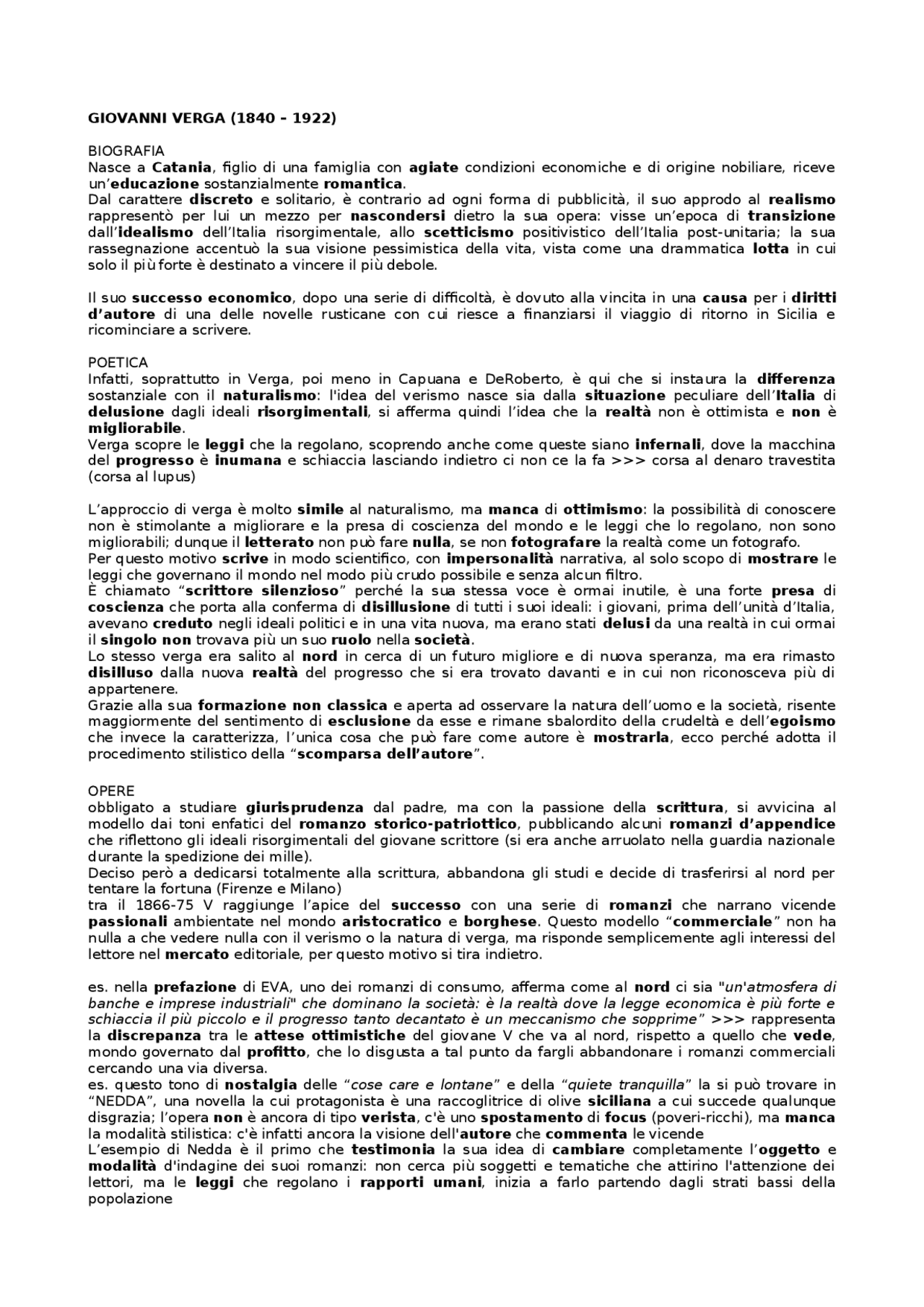 GIOVANNI VERGA: VITA E OPERE | Appunti di Italiano | Docsity