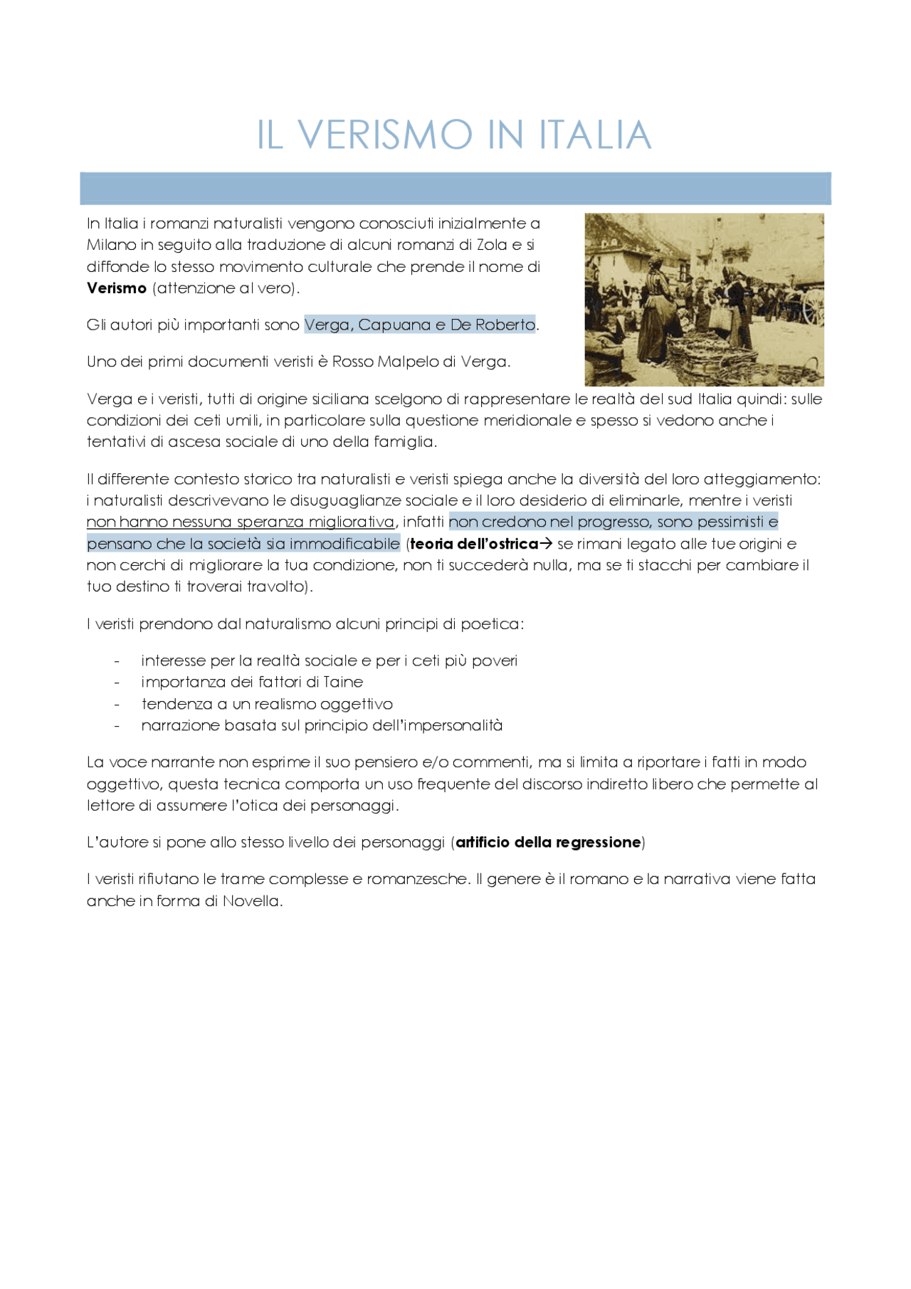 Il verismo in Italia | Schemi e mappe concettuali di Italiano | Docsity