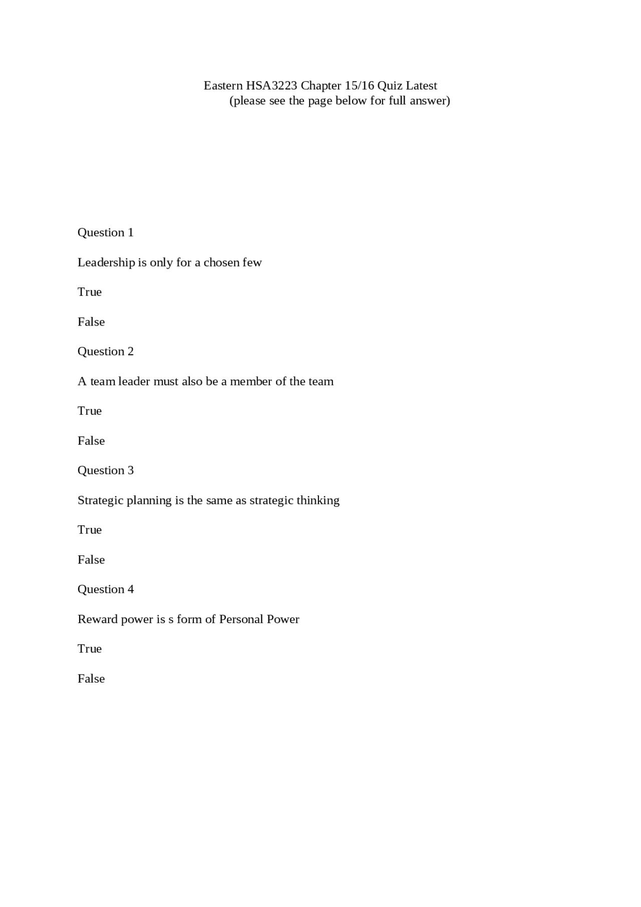 Eastern HSA3223 Chapter 15/16 Quiz Latest | Exams Advanced Education ...