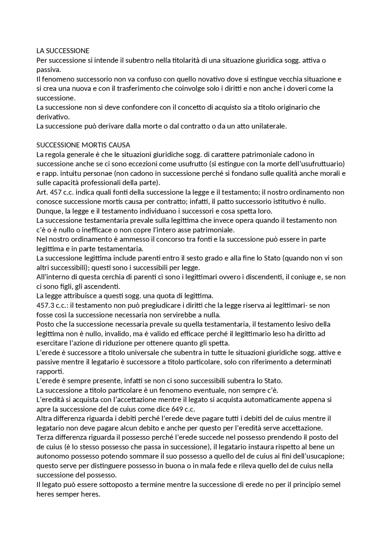 Successione Mortis Causa Appunti Di Diritto Civile Docsity