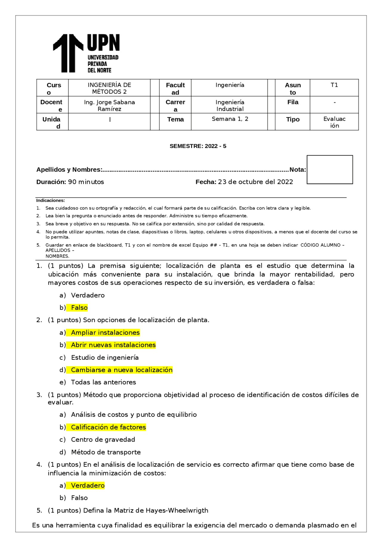 T1 Metodos 2 Ii 2022 Exámenes De Ingeniería Industrial Docsity