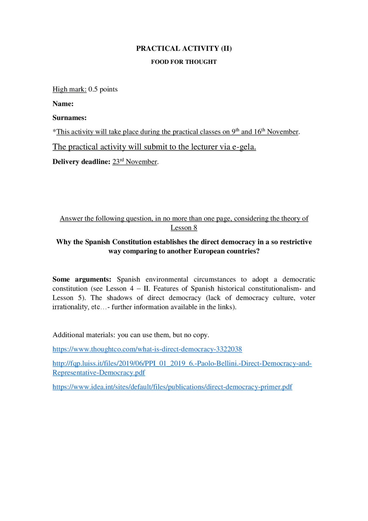 Questionnaire For Lesson 9 Ejercicios De Derecho Constitucional Docsity