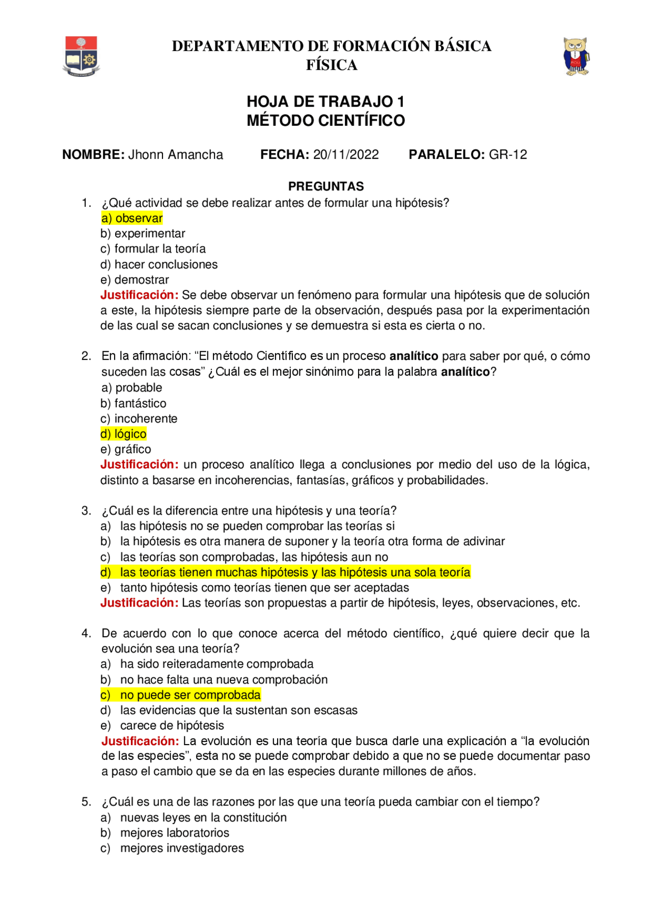 Hoja 01 - Método científico | Ejercicios de Física | Docsity