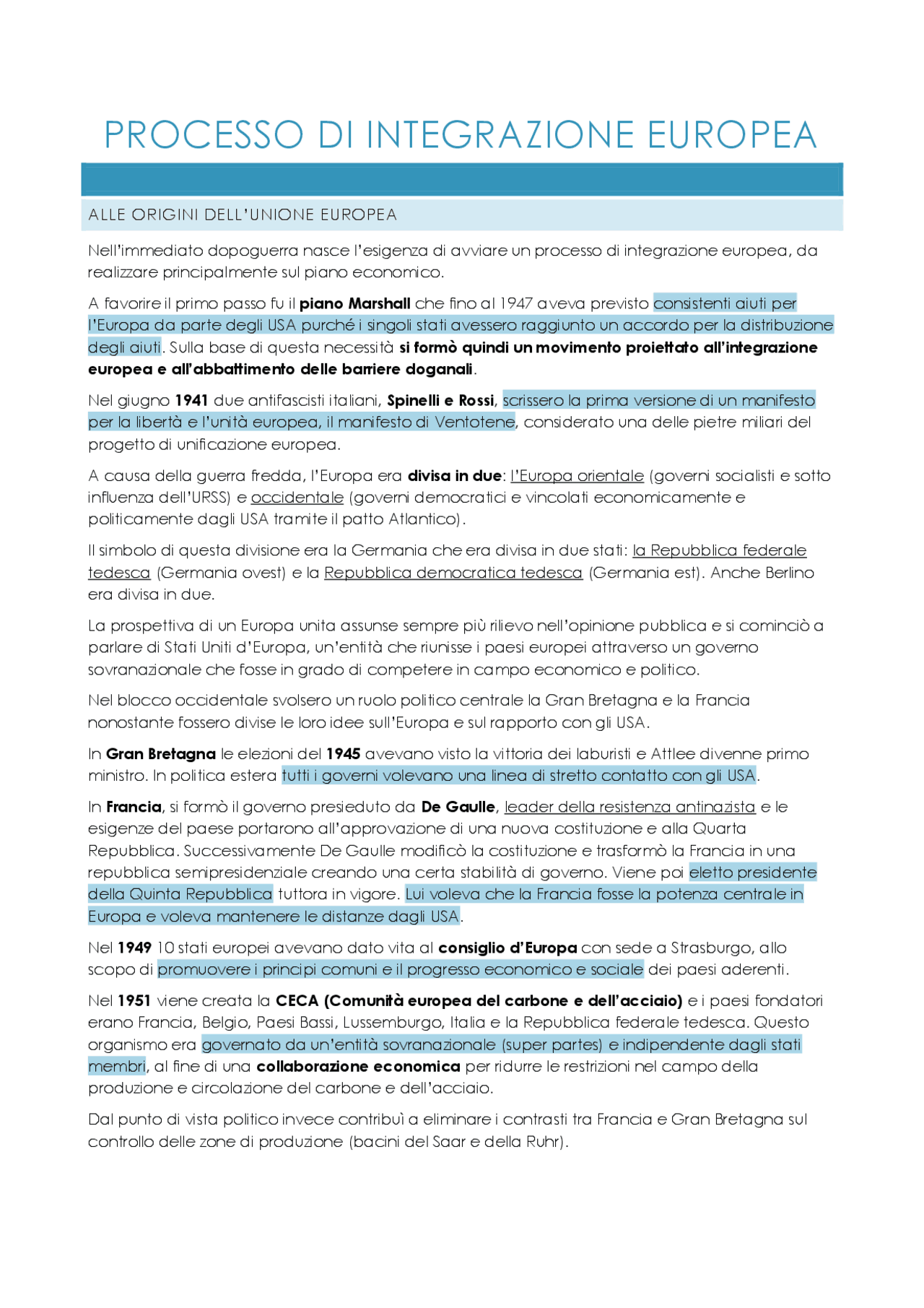 Il processo di integrazione europea | Appunti di Storia | Docsity