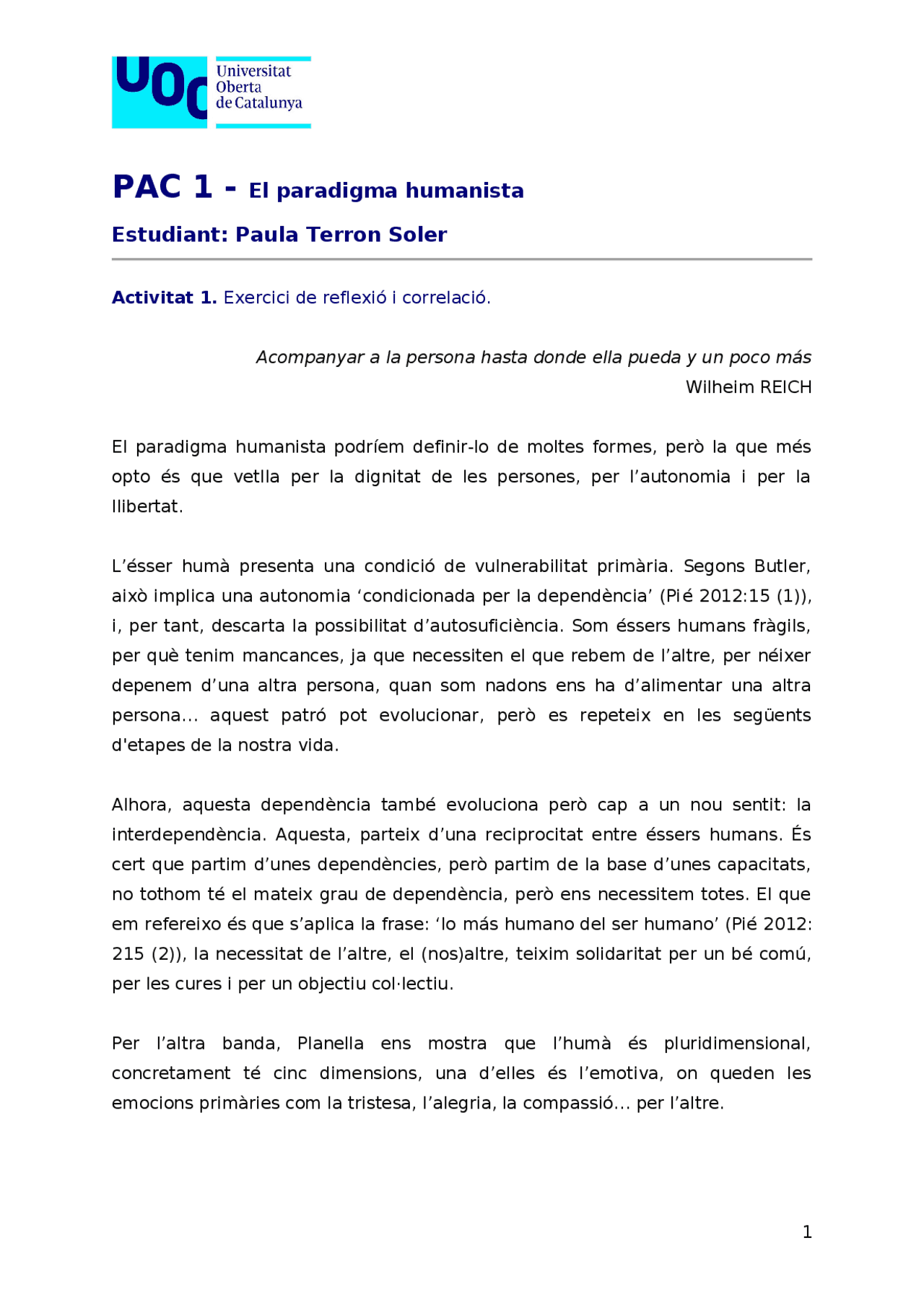 PAC 1 - El paradigma humanista | Ejercicios de Pedagogía | Docsity