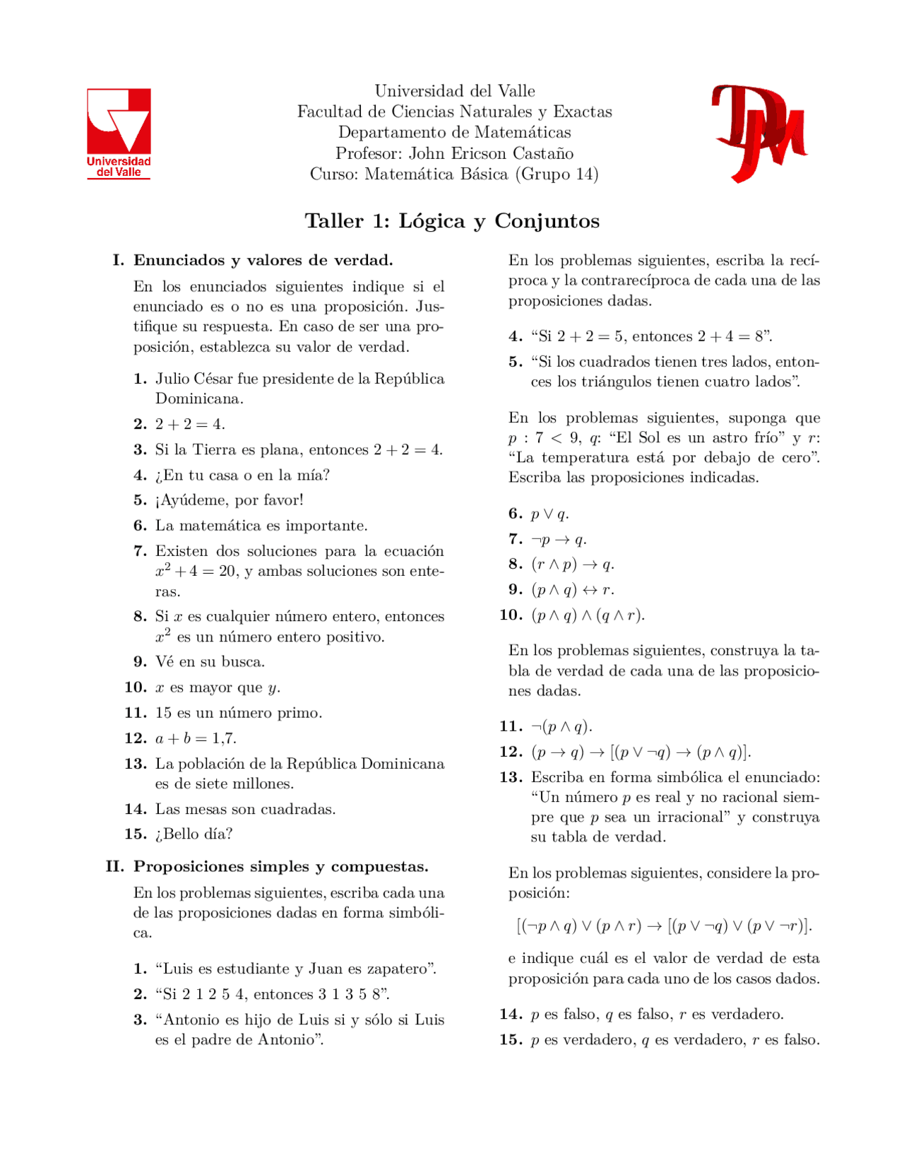 Taller De Matemáticas Básicas 1 Ejercicios De Matemáticas Docsity