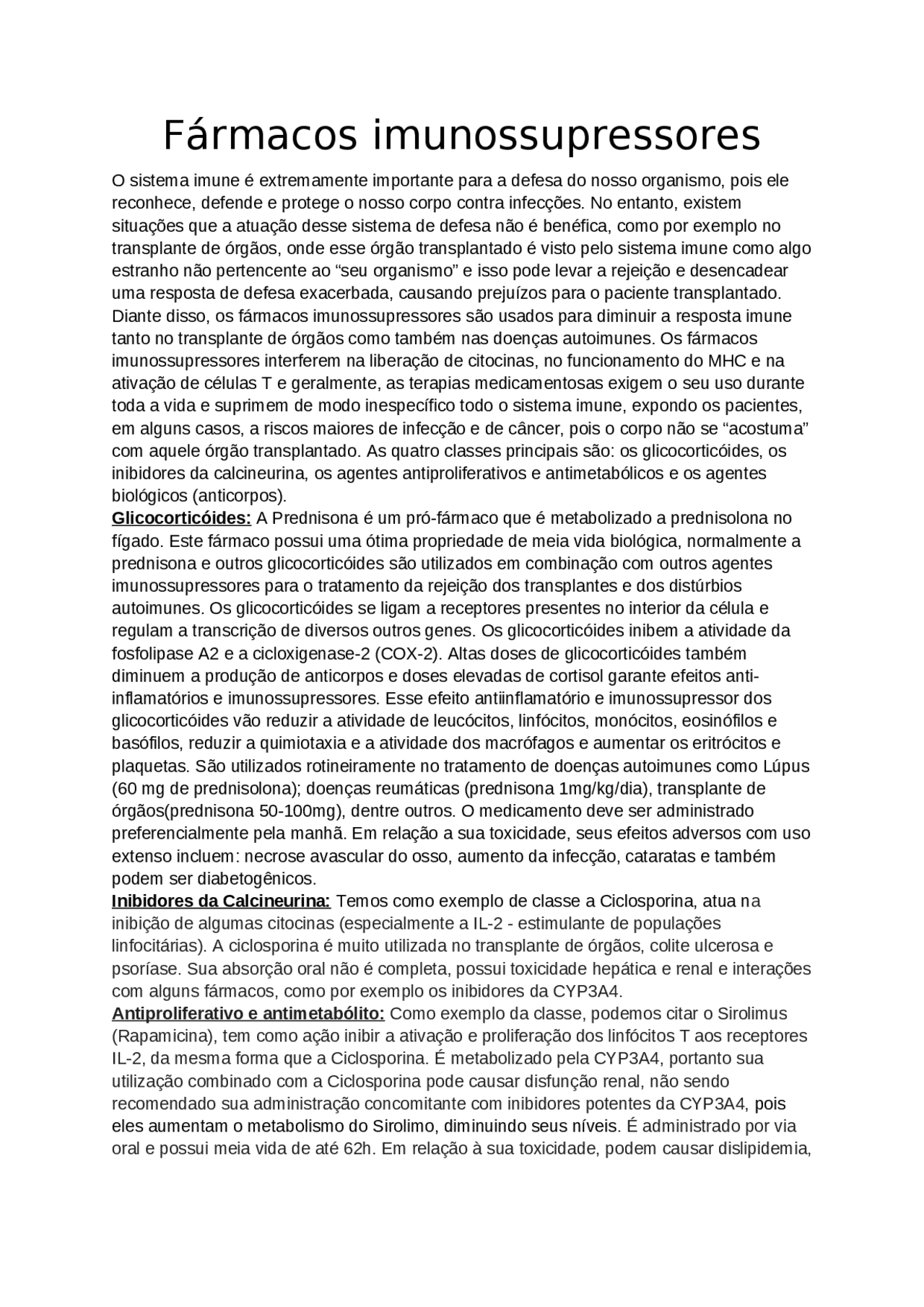 FÁrmacos Imunossupressores Resumos Farmacologia Docsity