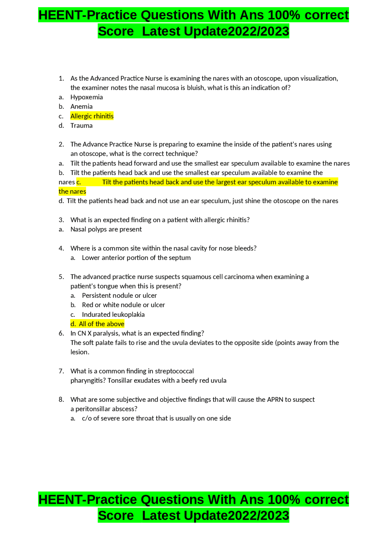 HEENT-Practice Questions With Ans 100% correct Score Latest Update2022 ...