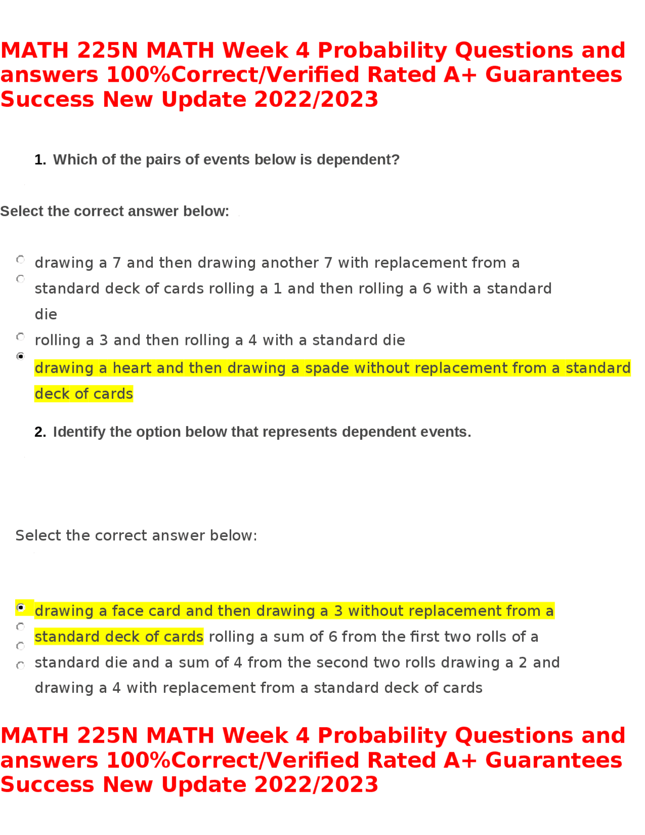 MATH 225N MATH Week 4 Probability Questions and answers 100%Correct/Verified Rated A+ Guar ...