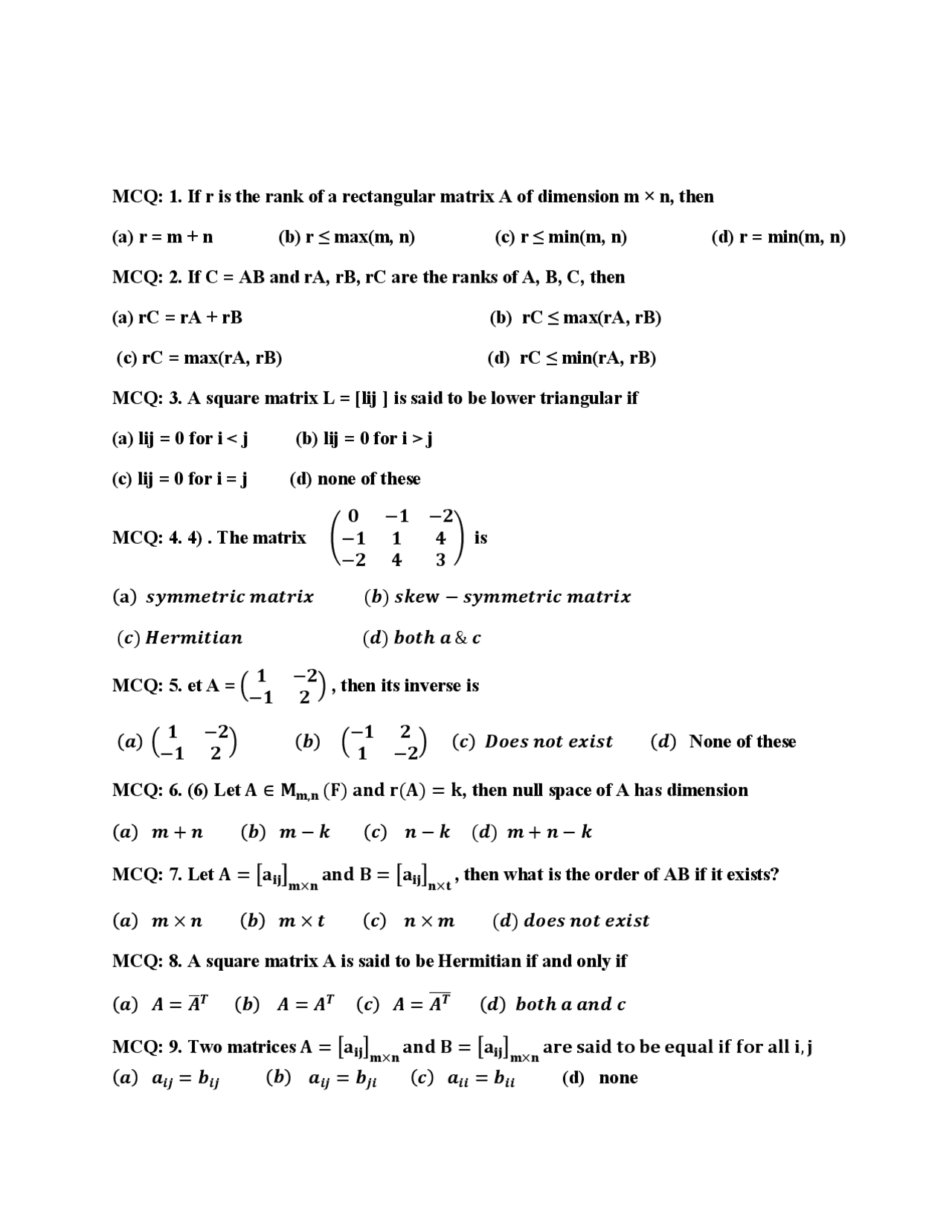 Mcqs practice for linear Algebra | Quizzes Linear Algebra | Docsity