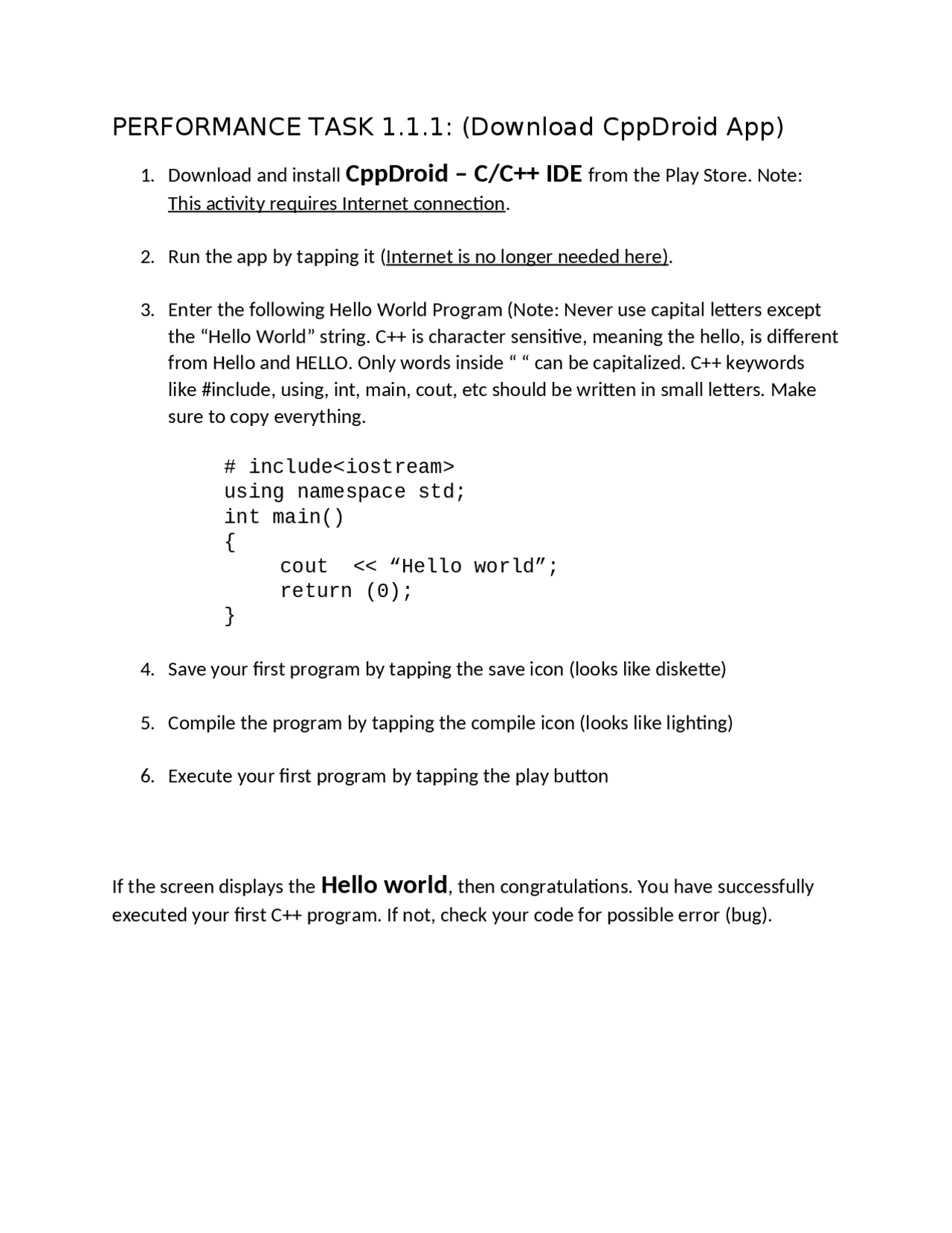 Task Sheets On How To Use Cppdroid Exercises Computer Science Docsity