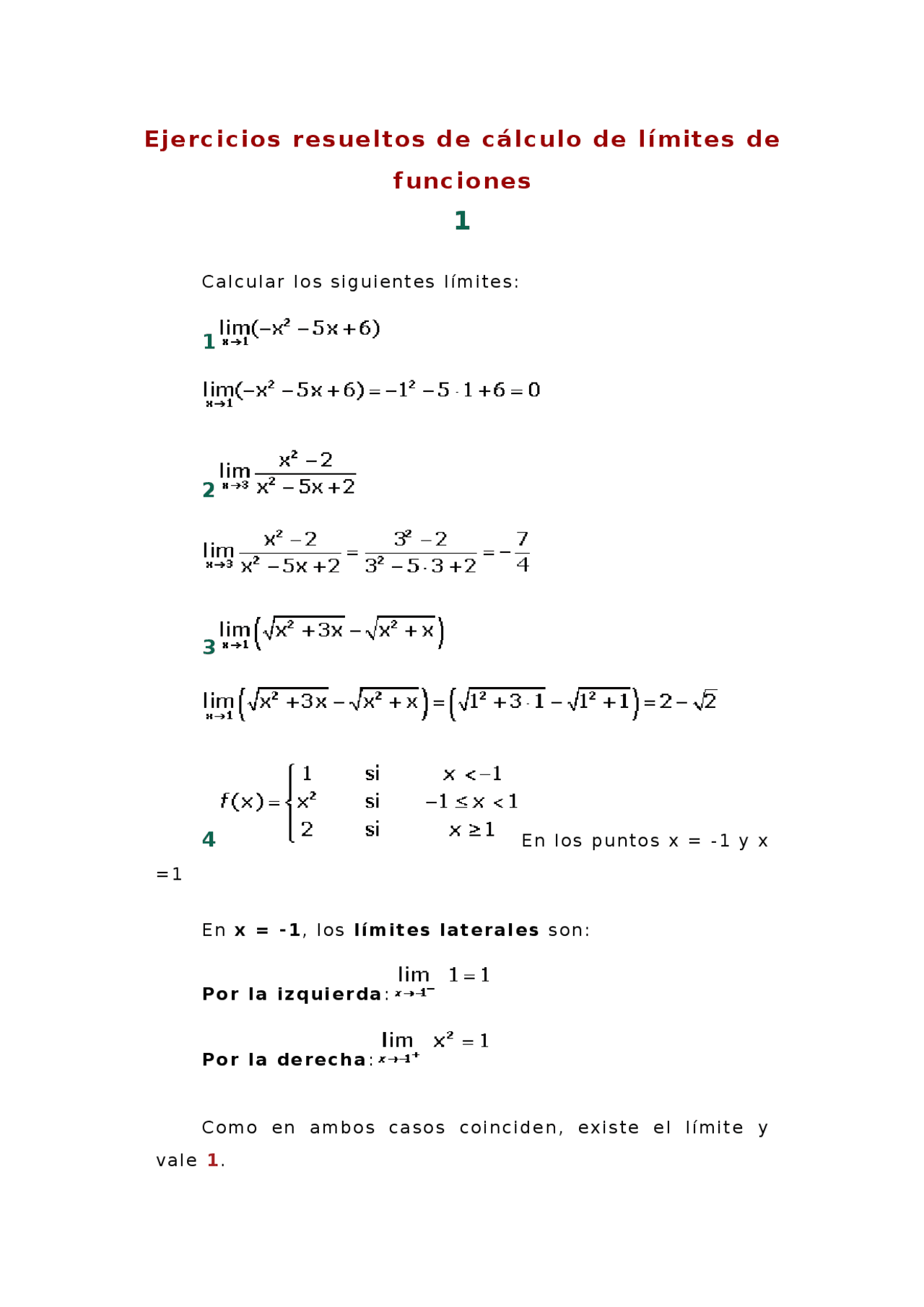 Ejercicios De Limites Ejercicios De Matemáticas Docsity