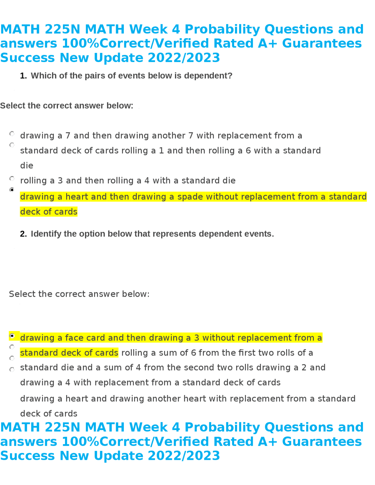 MATH 225N MATH Week 4 Probability Questions and answers 100%Correct ...