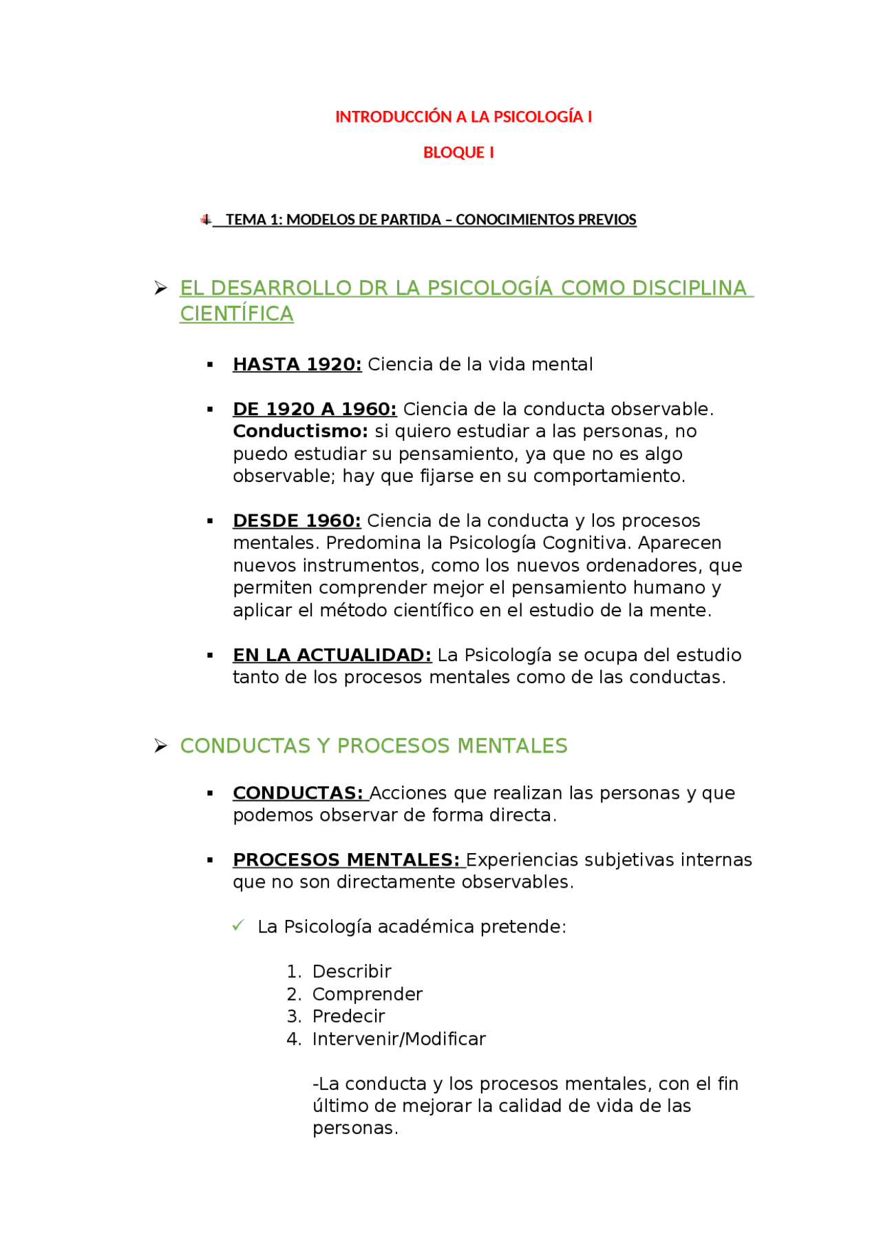 Introducción a la Psicología I Bloque I | Summaries of Introduction to Psychology | Docsity