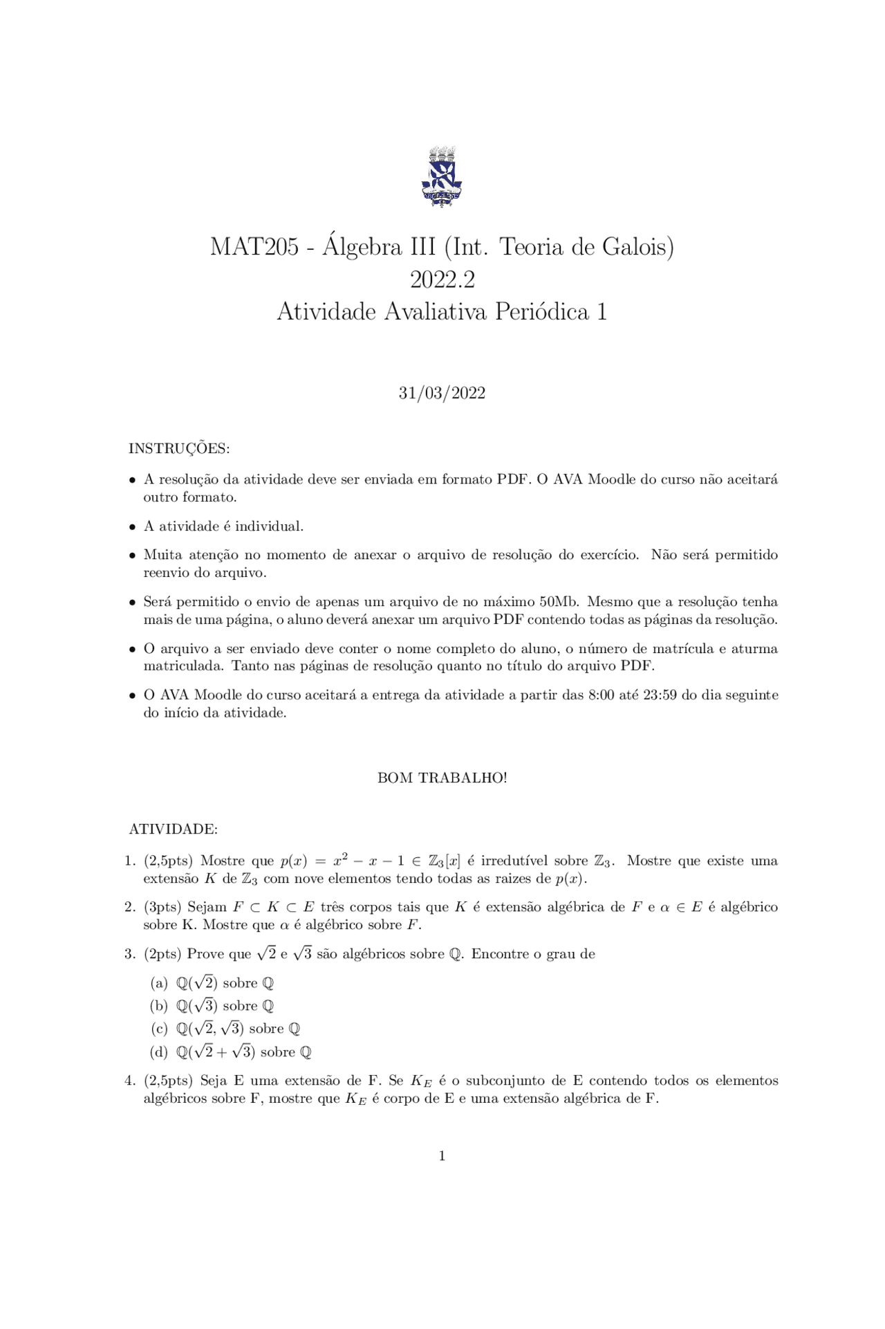 Atividade Avaliativa De Algebra Iii Exercícios Álgebra Docsity