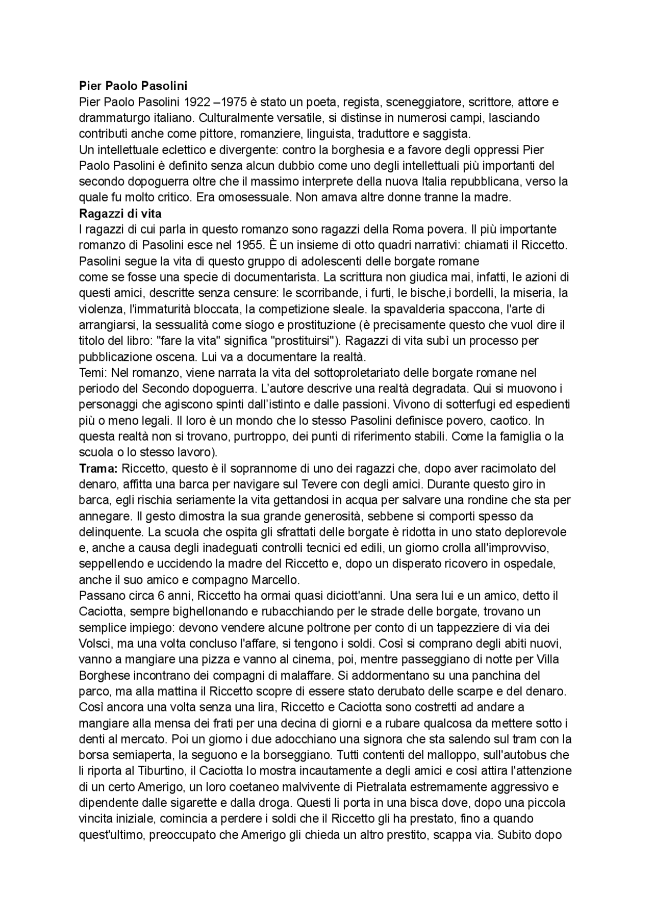 Pasolini Vita E Opere Sintesi Del Corso Di Italiano Docsity