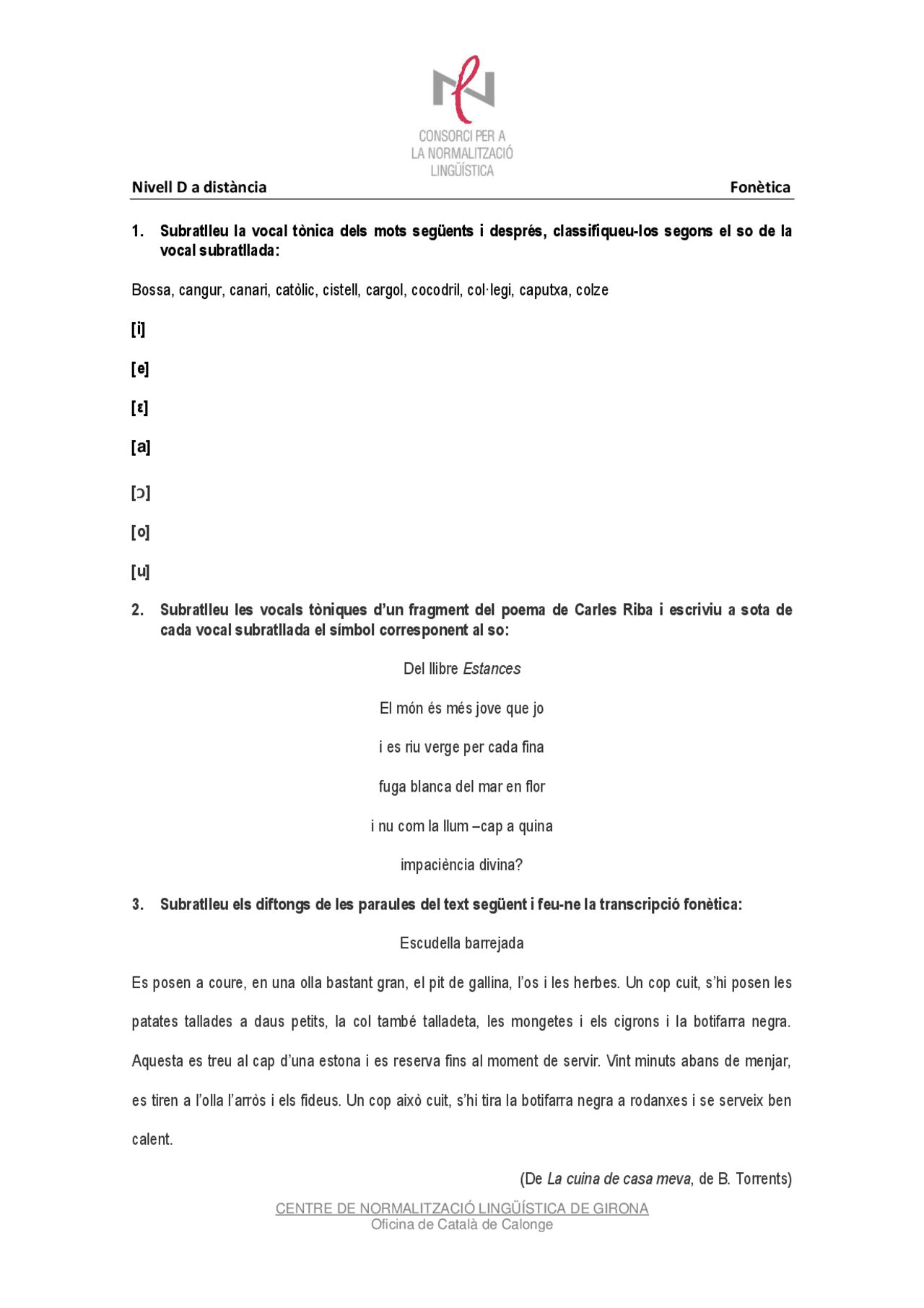 Fonètica De Selectivitat Ejercicios De Catalán Docsity