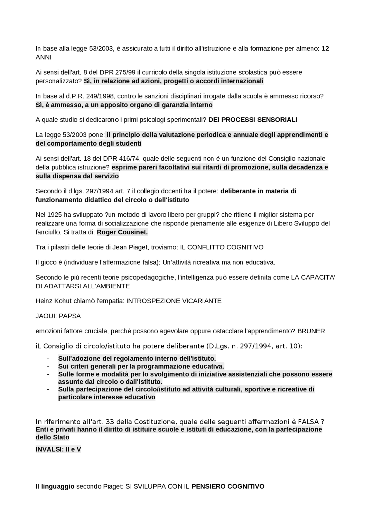 Raccolta domande/risposte tfa sostegno | Schemi e mappe concettuali di TFA Sostegno | Docsity