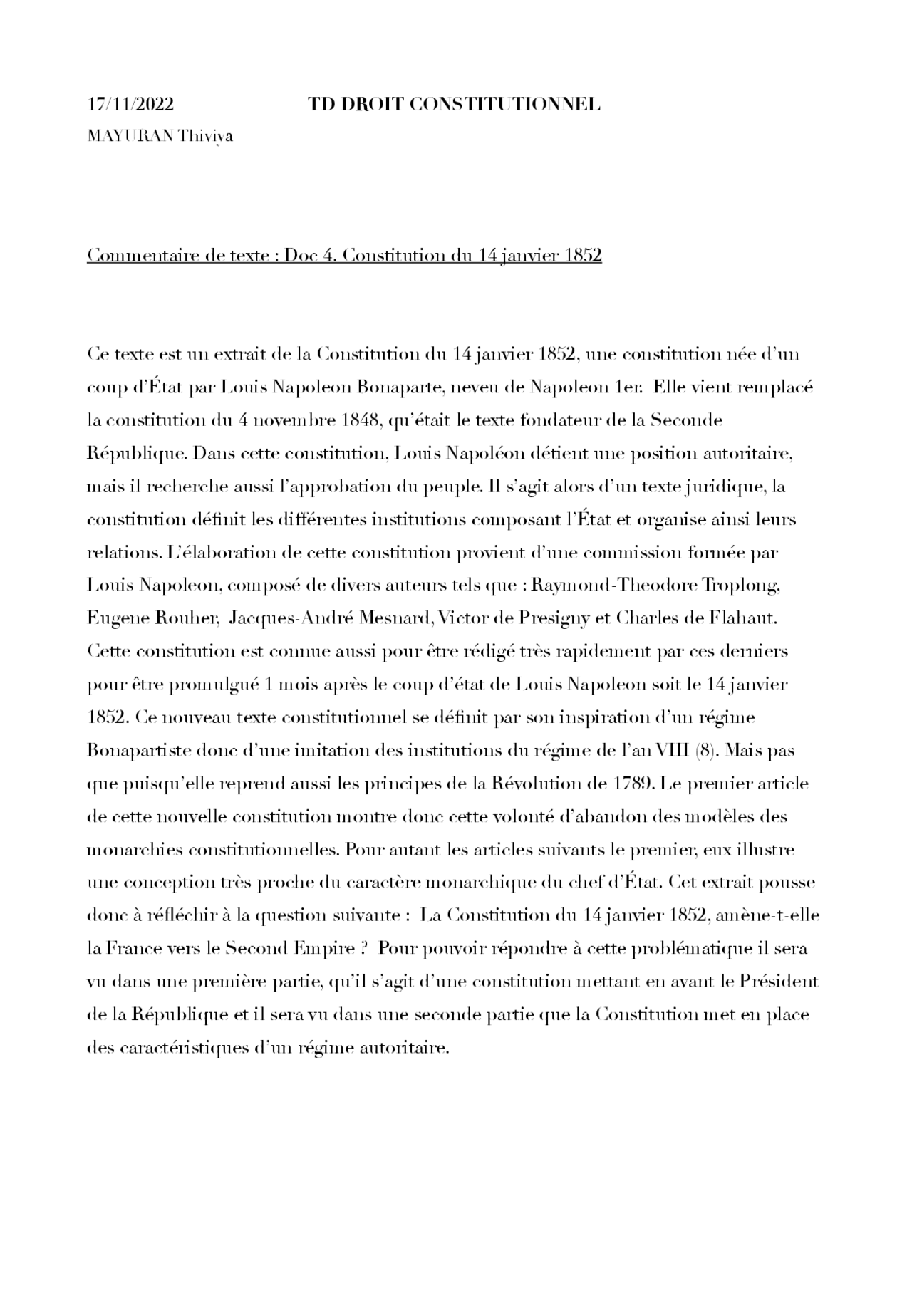 Commentaire de texte : Doc 4. Constitution du 14 janvier 1852 | Thèse Droit constitutionnel ...
