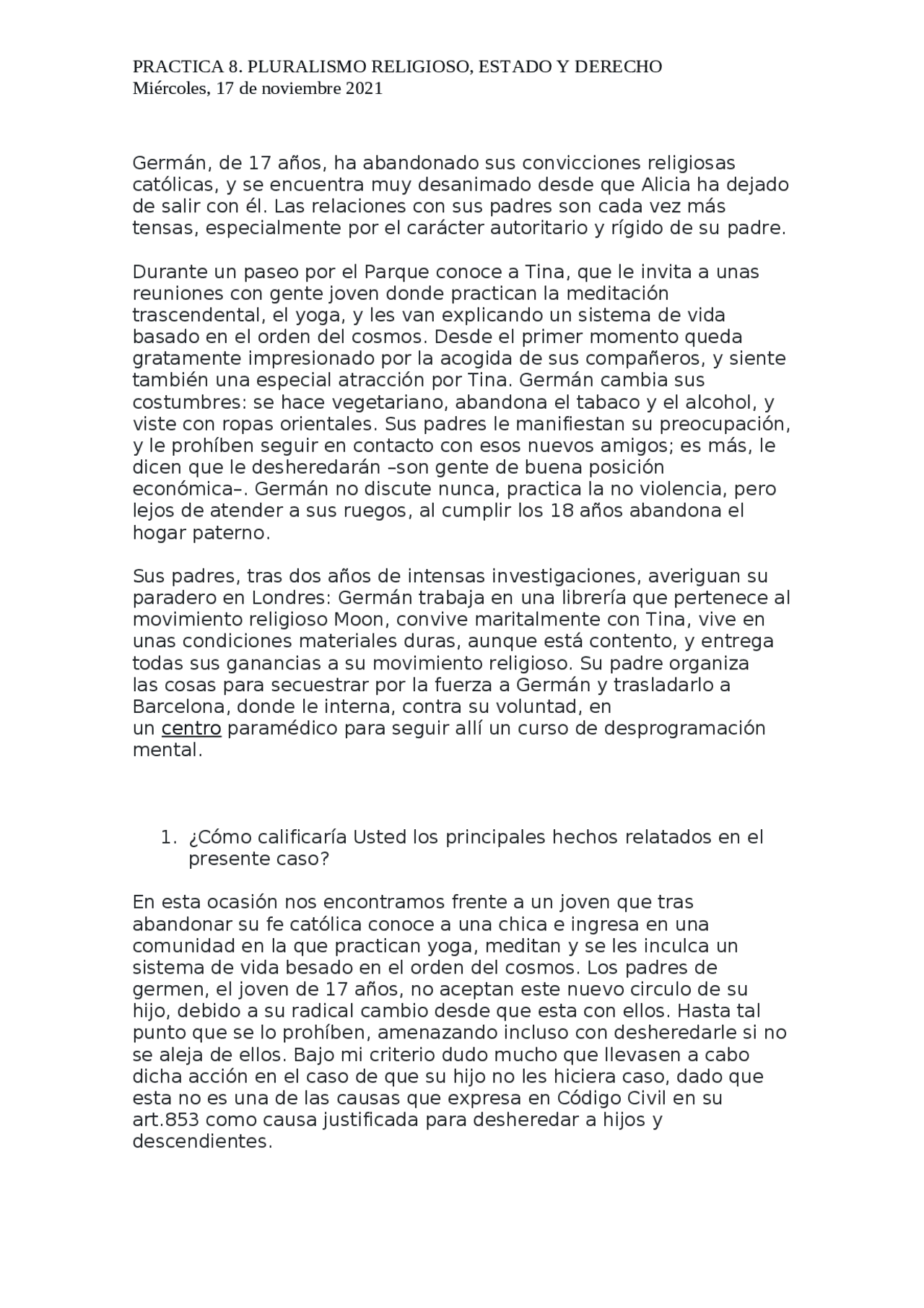 Practica 8 pluralismo | Ejercicios de Derecho Eclesiástico | Docsity