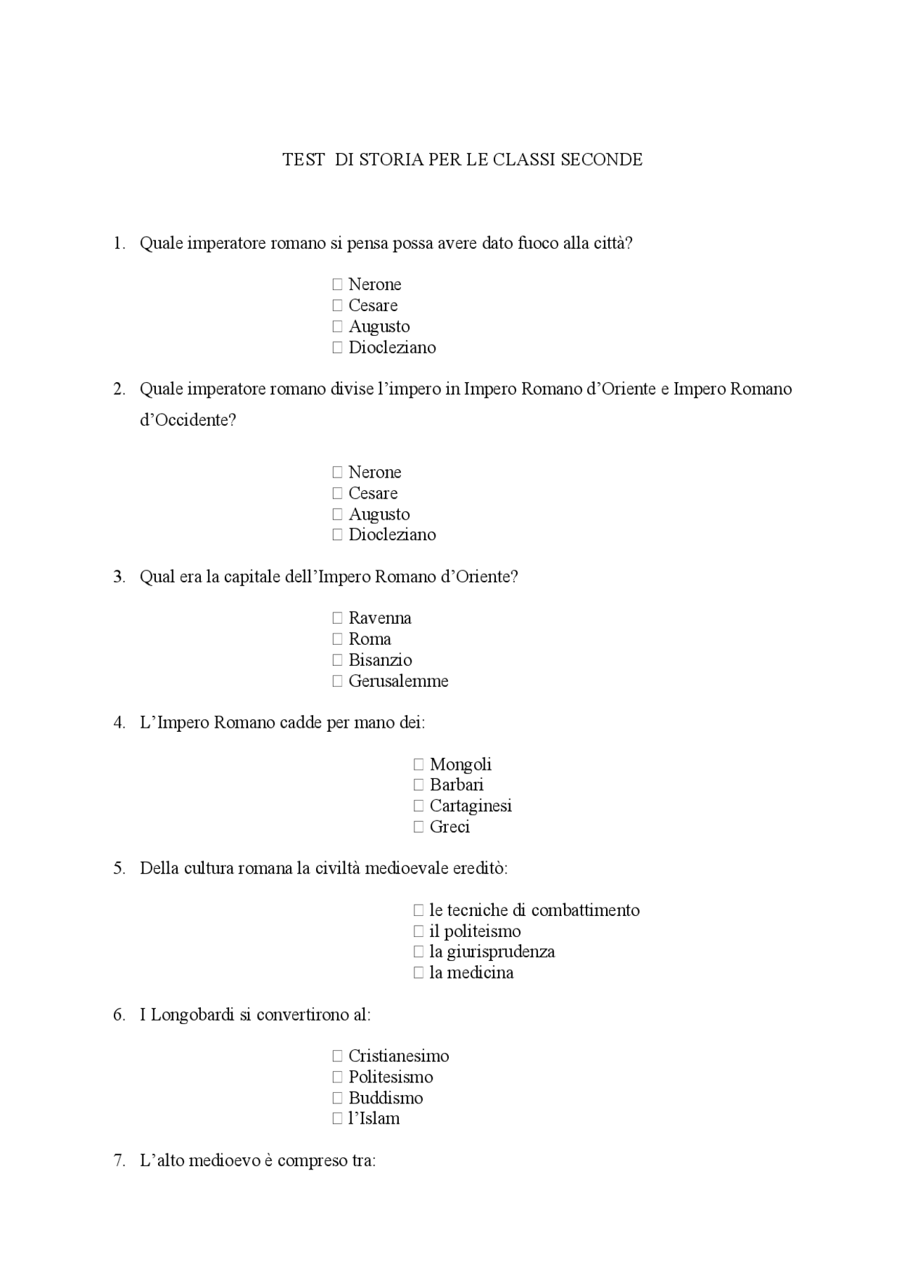 Verifica Di Apprendimento Storia Esercizi Di Storia Docsity
