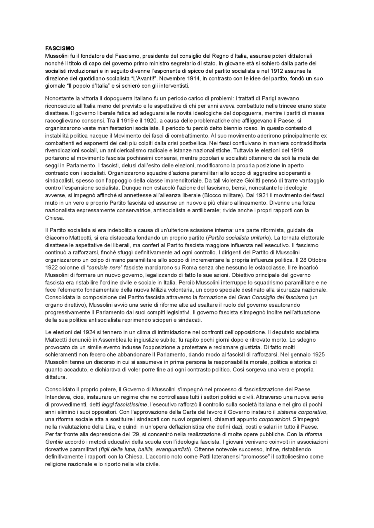 Il Fascismo Breve Riassunto Appunti Di Storia Docsity