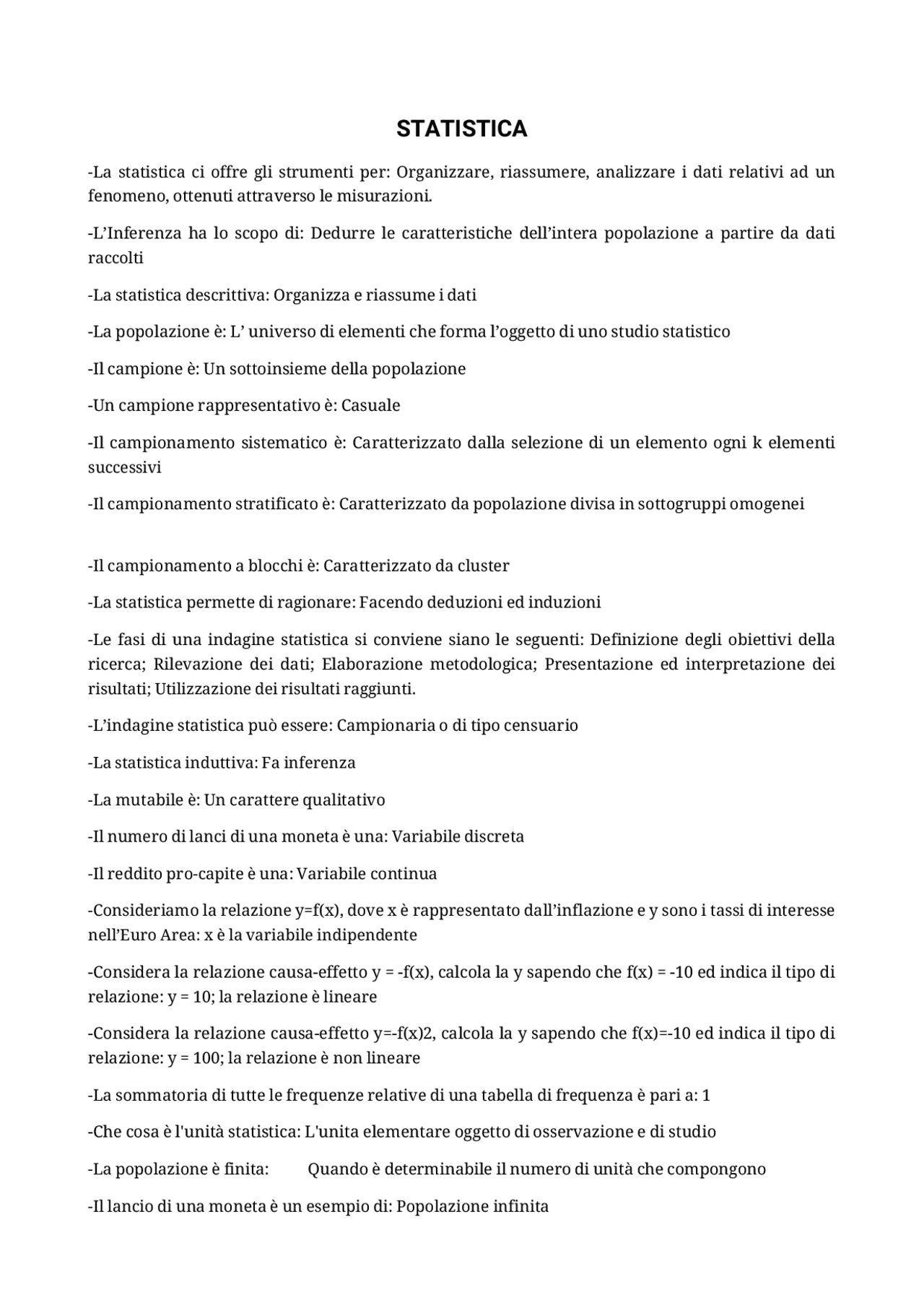 Statistica L18 ECONOMIA PEGASO COMPLETO | Prove d'esame di Statistica | Docsity