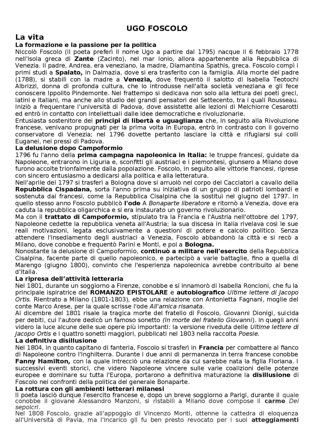 Ugo Foscolo Vita E Opere Appunti Di Italiano Docsity