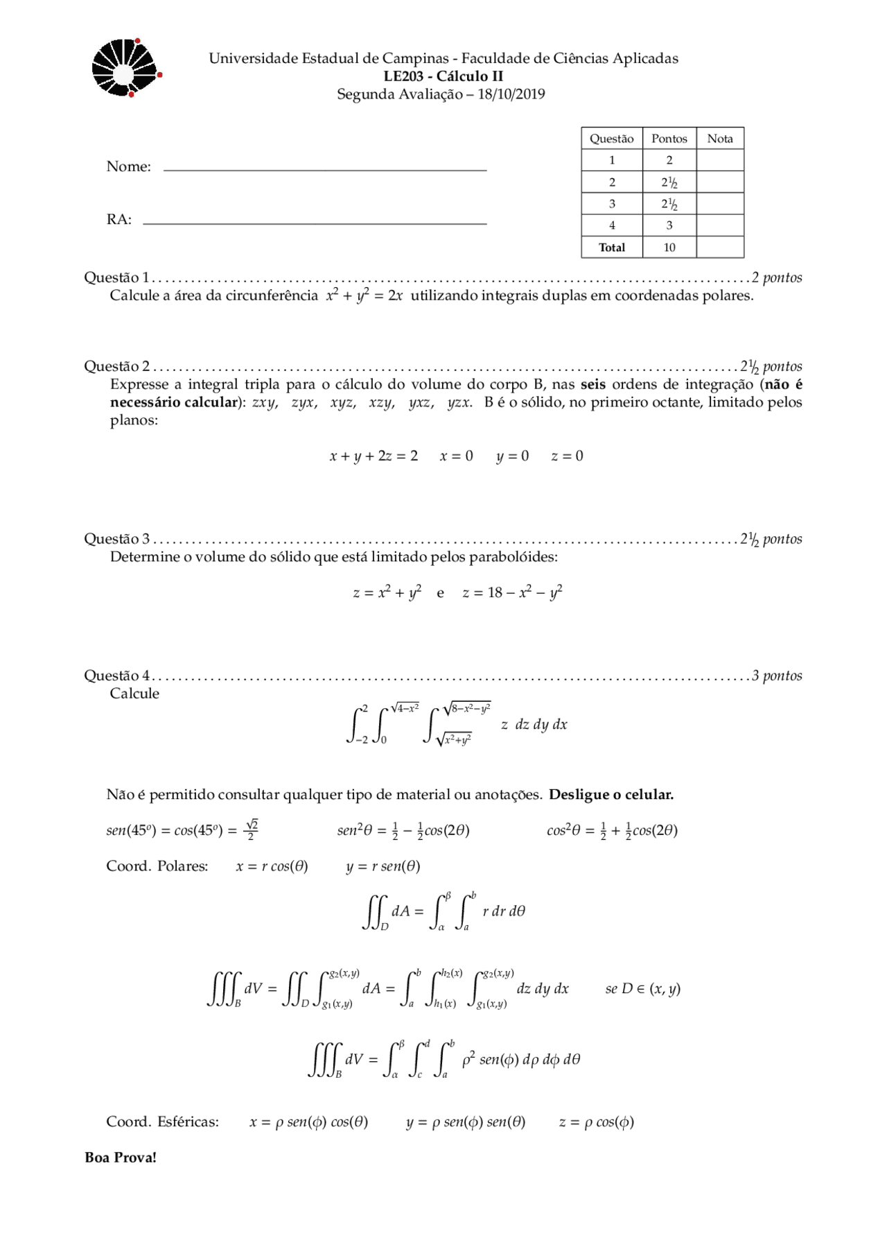 Prova 2 De Calculo 2 Unicamp 2019 Provas Cálculo Avançado Docsity