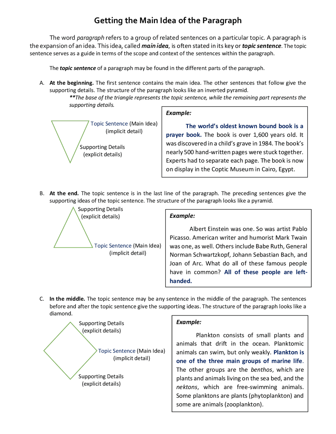 Identifying the Main Idea | Study notes English | Docsity